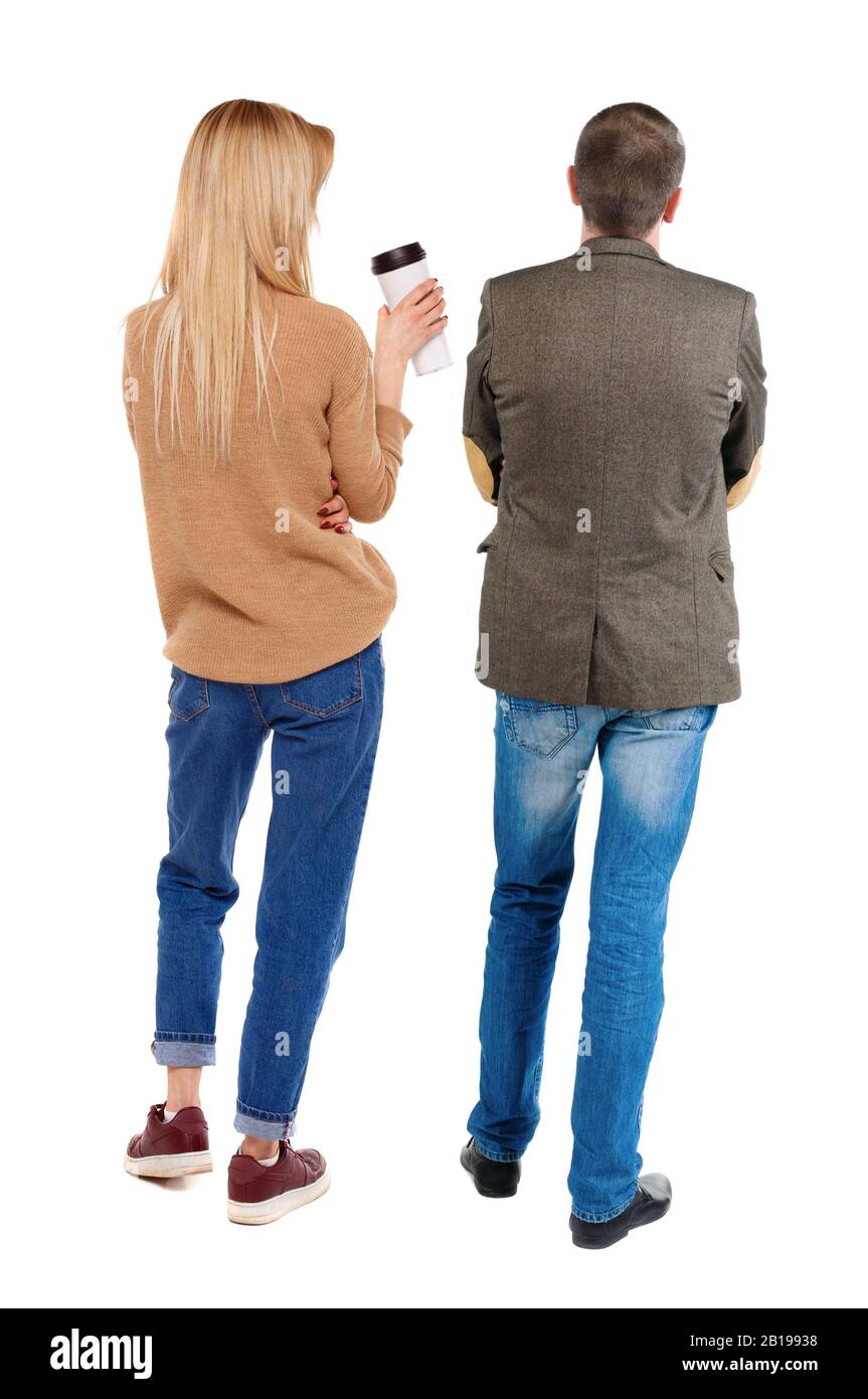 Back view couple in sweater. beautiful man and woman. Rear view people ...