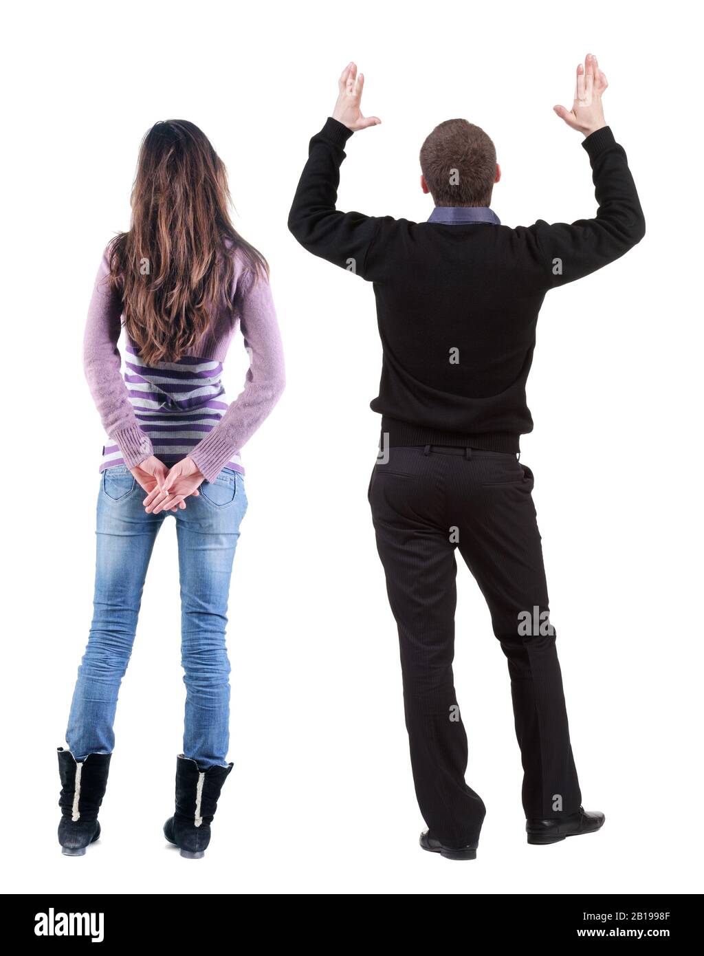Back view couple in sweater. beautiful man and woman. Rear view people ...