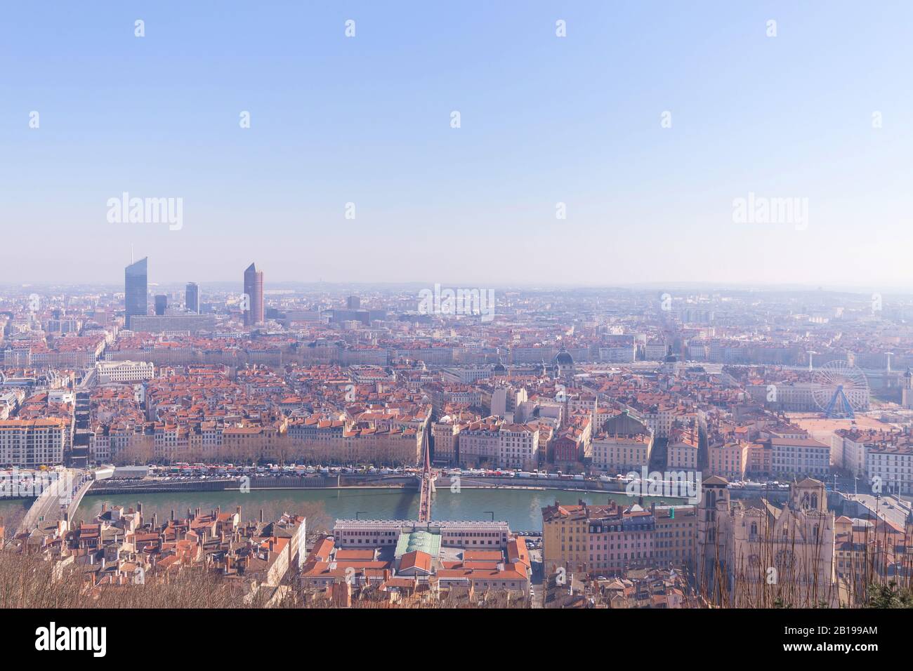 City scape of Lyon, view on big tower, beautiful old bridges and big ...