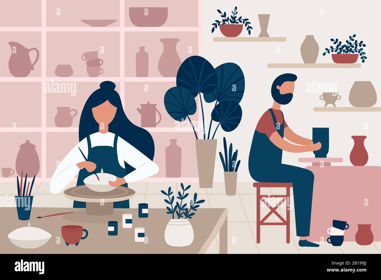 Pottery hobby. Handcrafted earthenware, people decorating pots and ...