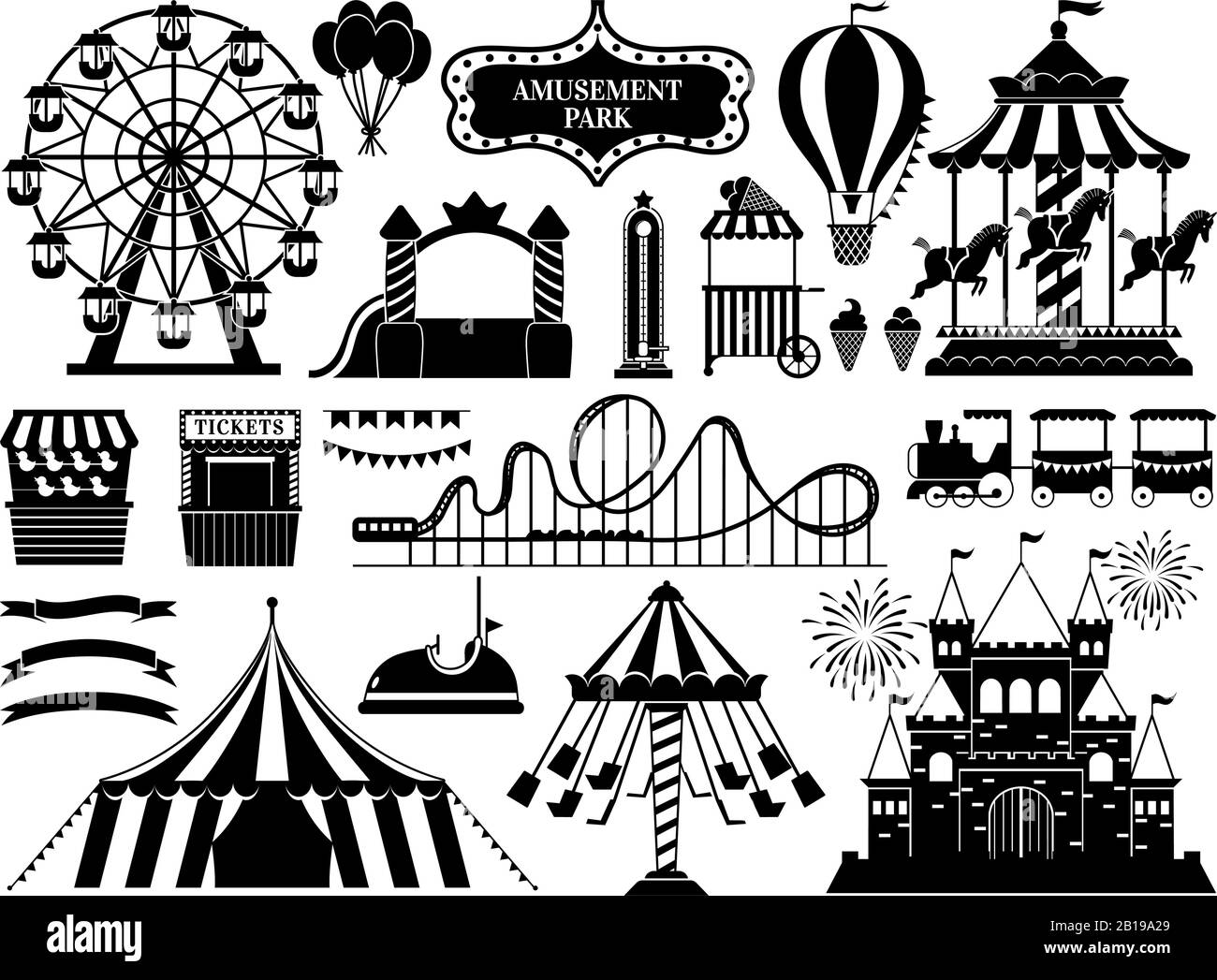 Amusement park silhouette. Carnival parks carousel attraction, fun ...