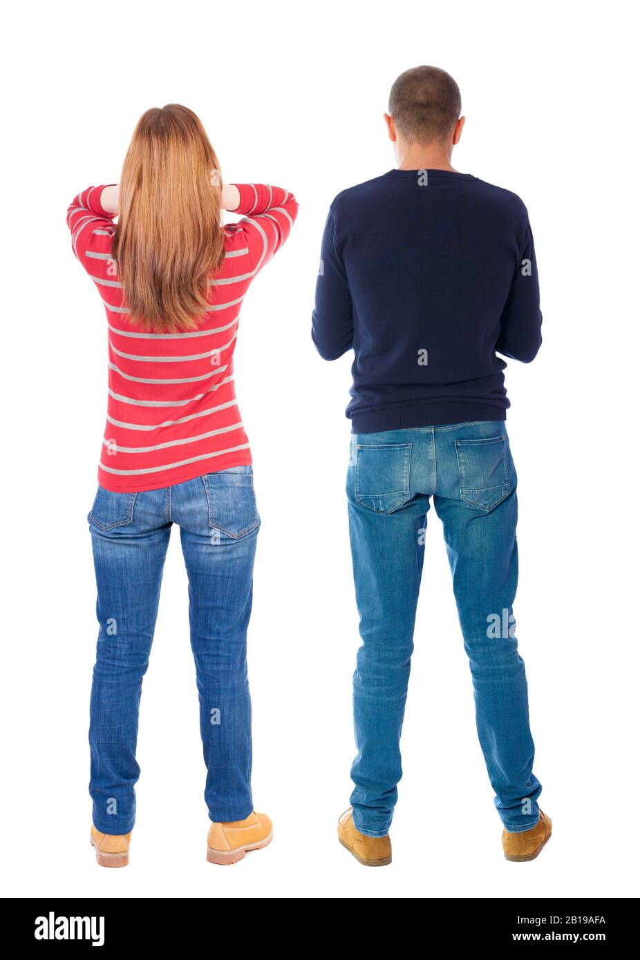 Back view couple in sweater. beautiful man and woman. Rear view people ...