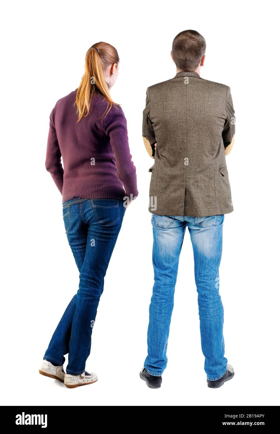 Back view couple in sweater. beautiful man and woman. Rear view people ...