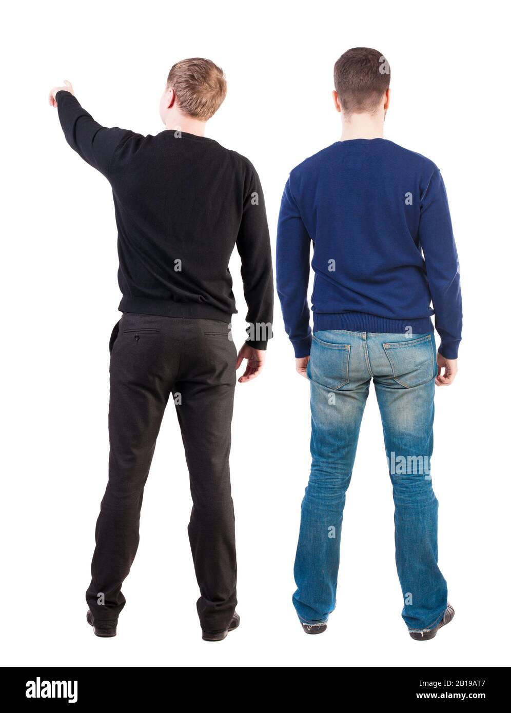 Back view of two man in sweater pointing. Rear view people collection ...