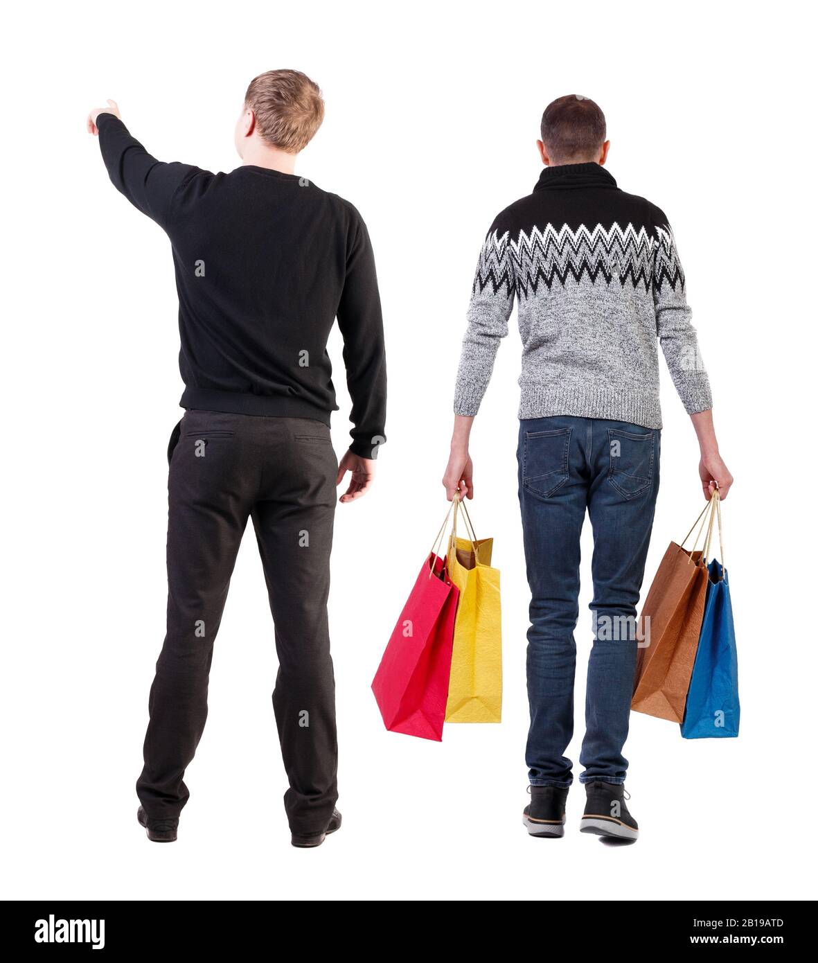 back view of two man with shopping bags. backside view of person. Rear ...