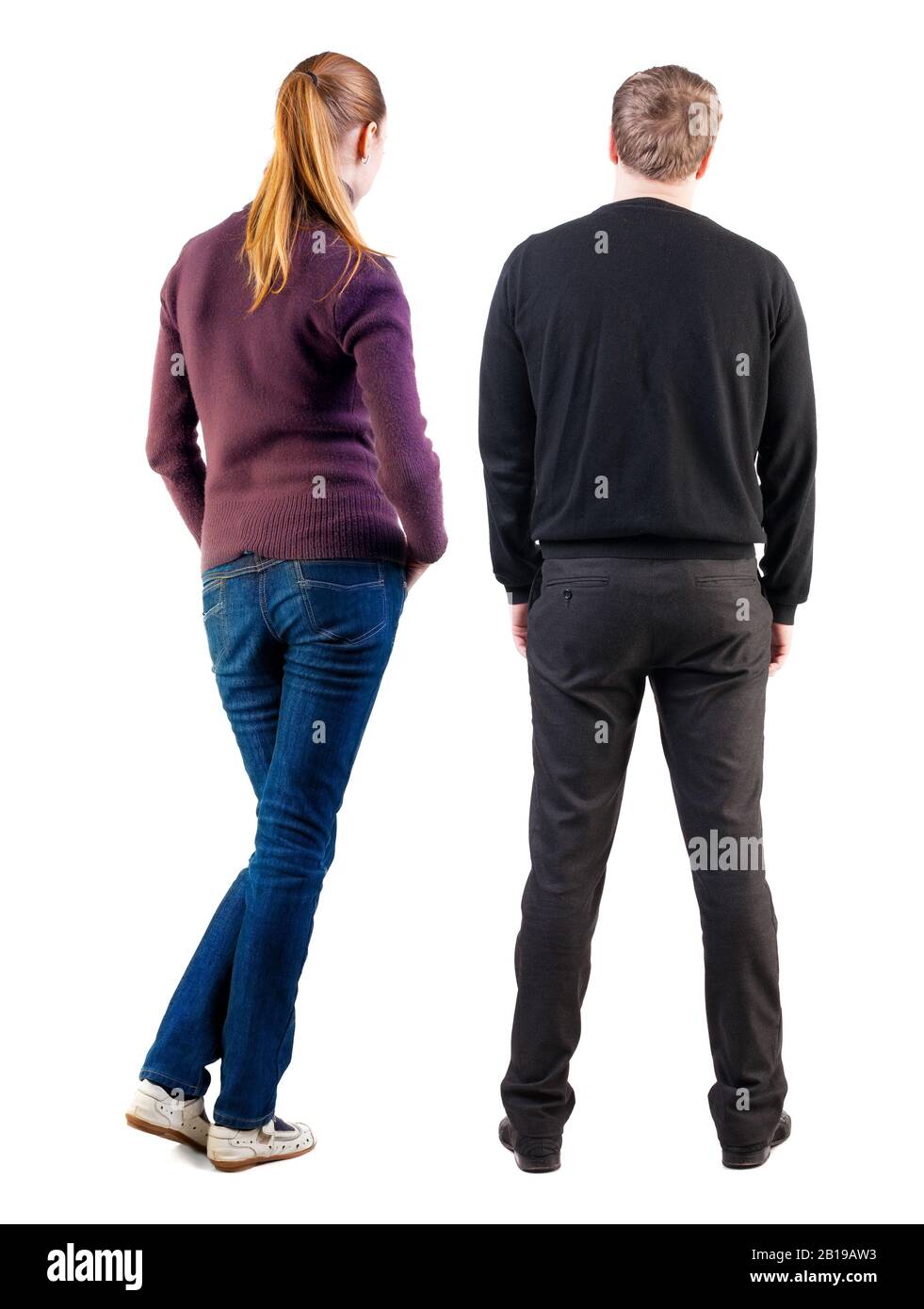 Back view couple in sweater. beautiful man and woman. Rear view people ...