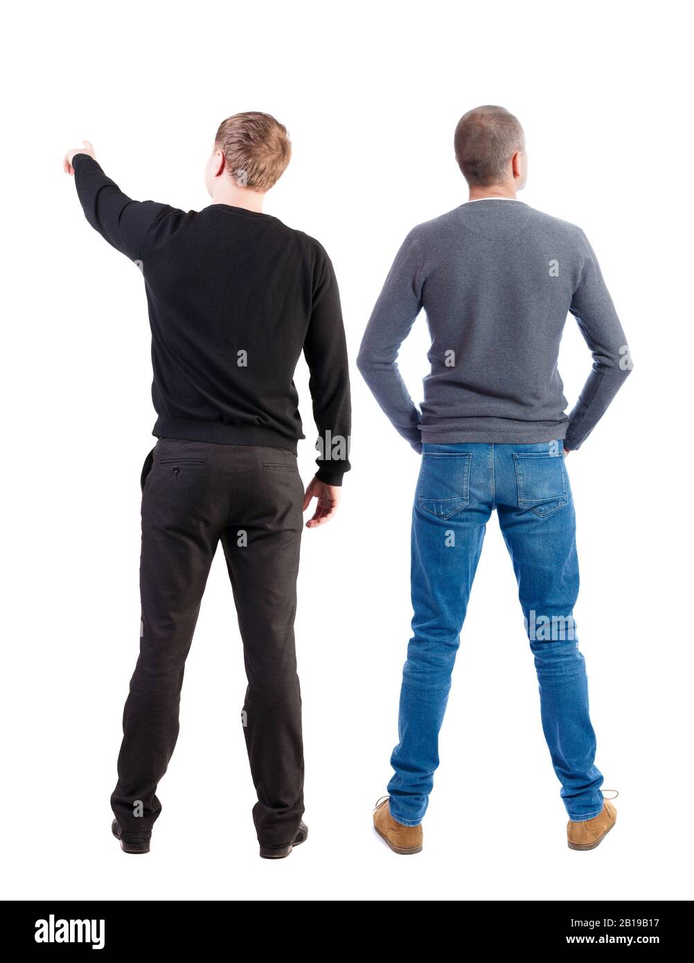 Back view of two man in sweater pointing. Rear view people collection ...