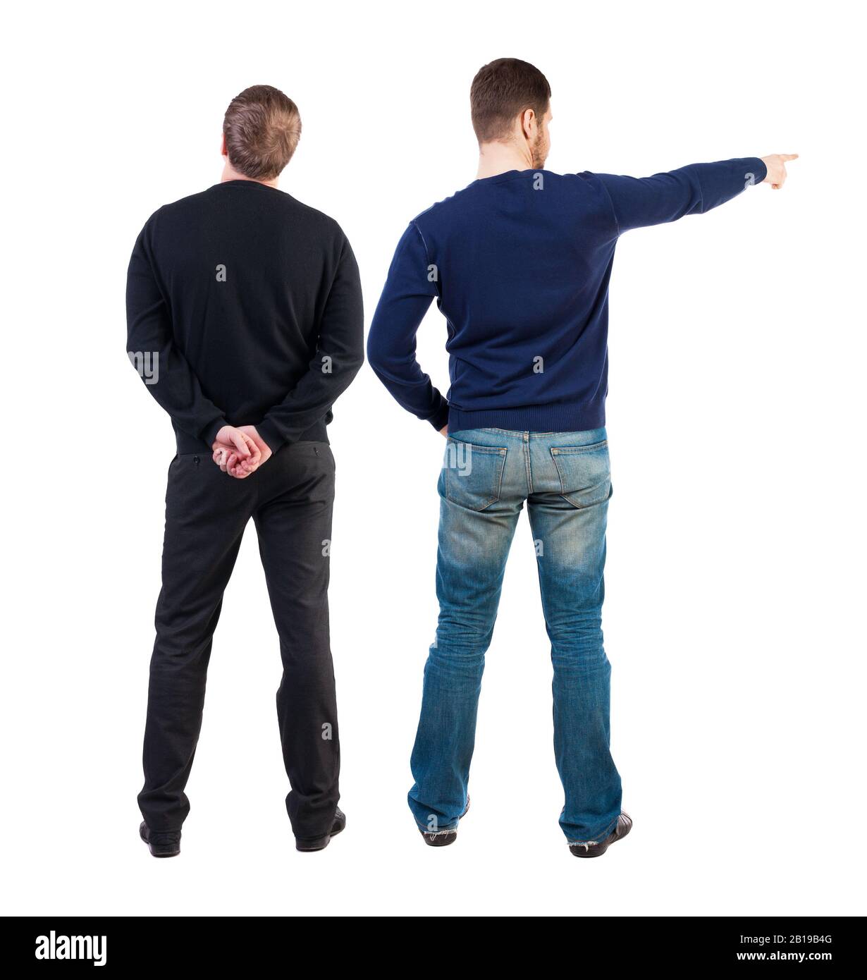 Back view of two man in sweater pointing. Rear view people collection ...