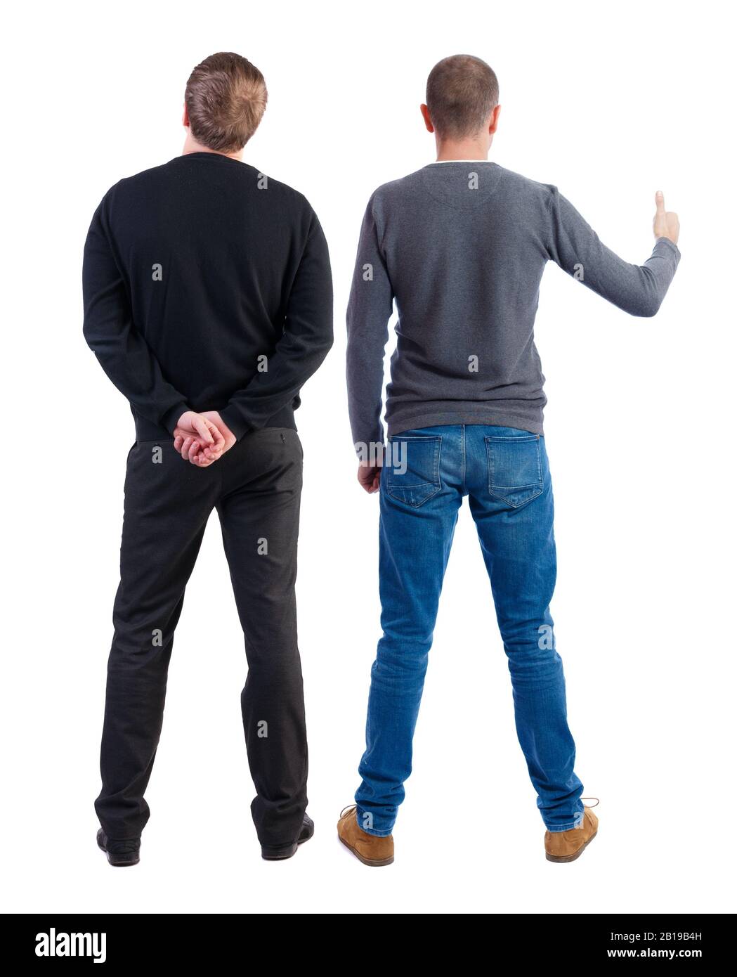 Back view two man in sweater showing thumb up. Rear view people ...