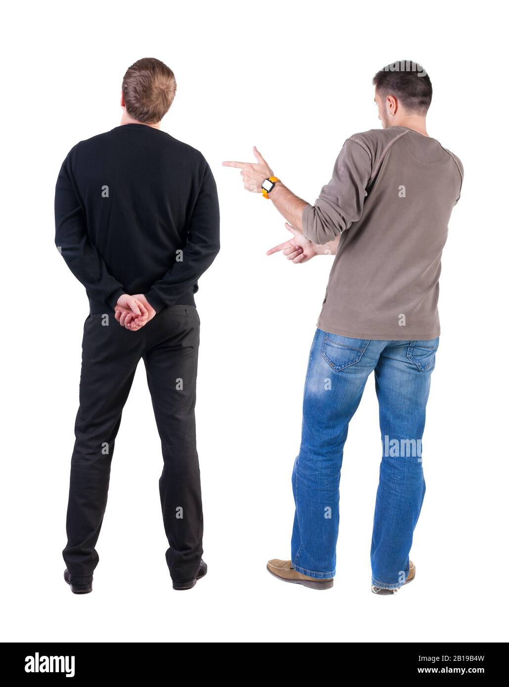 Back view of two man in sweater pointing. Rear view people collection ...