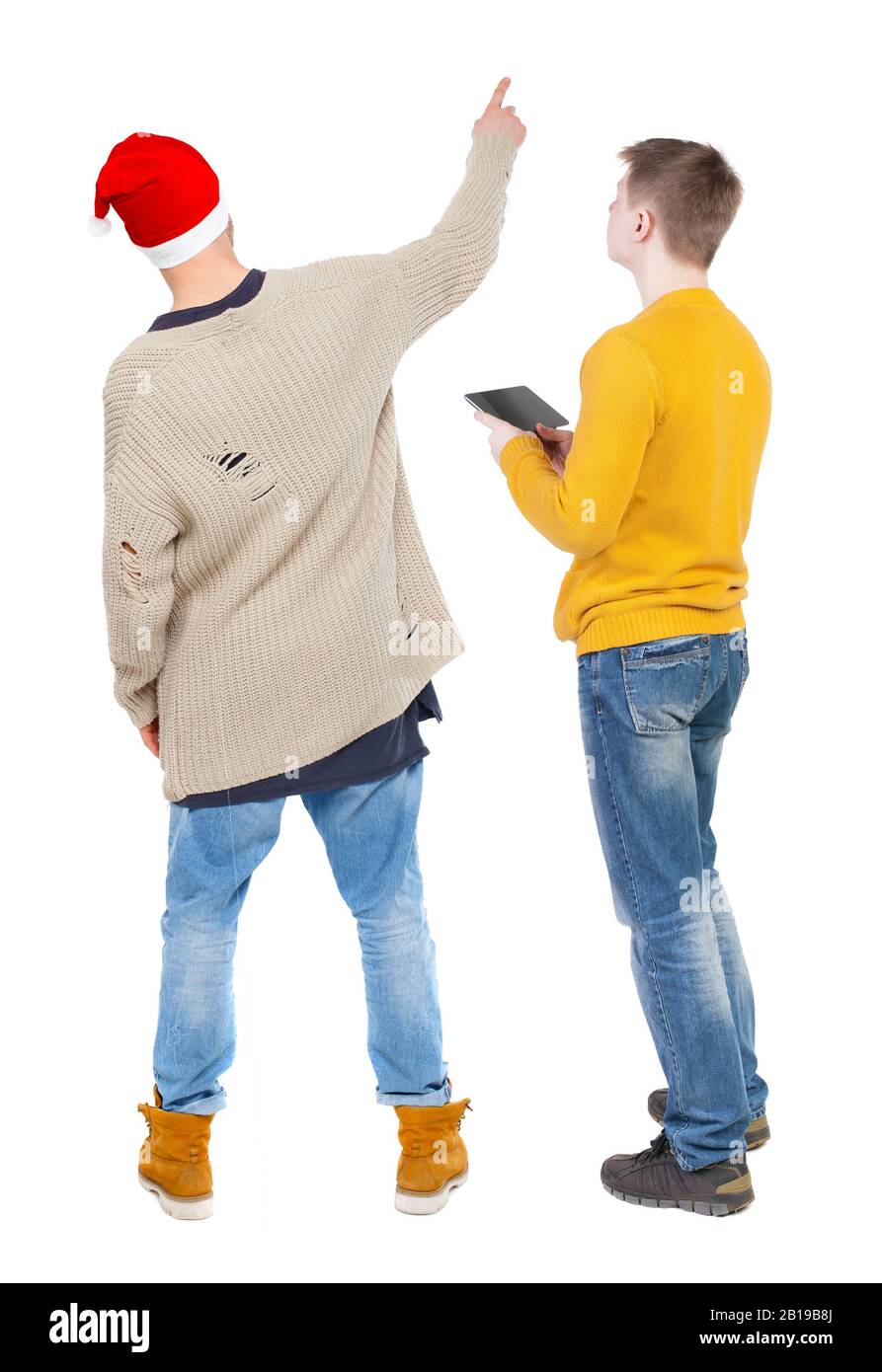 Back view of two man in sweater with mobile phone. Rear view people ...