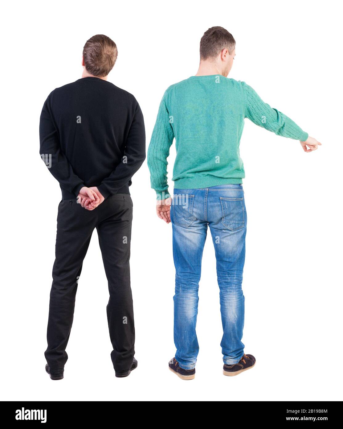 Back view of two man in sweater pointing. Rear view people collection ...