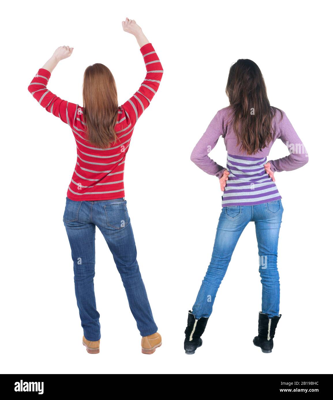 Back view of two woman in sweater. Rear view people collection ...