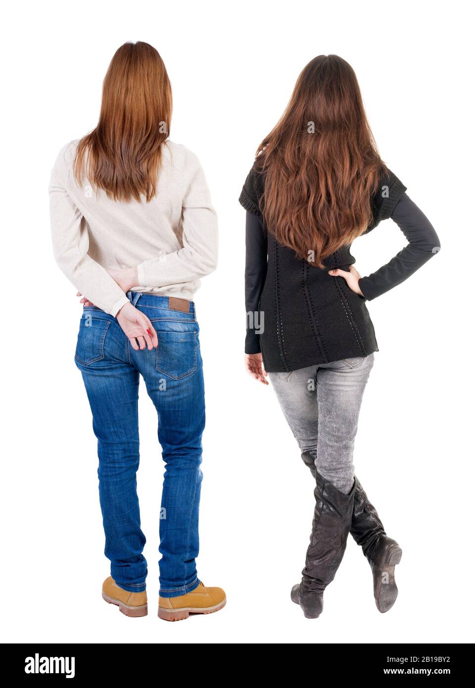 Back view of two woman in sweater. Rear view people collection ...