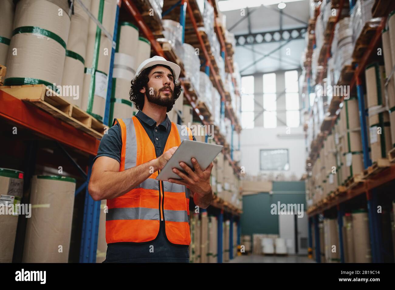 Concentrated successful warehouse manager inspecting inventory check ...