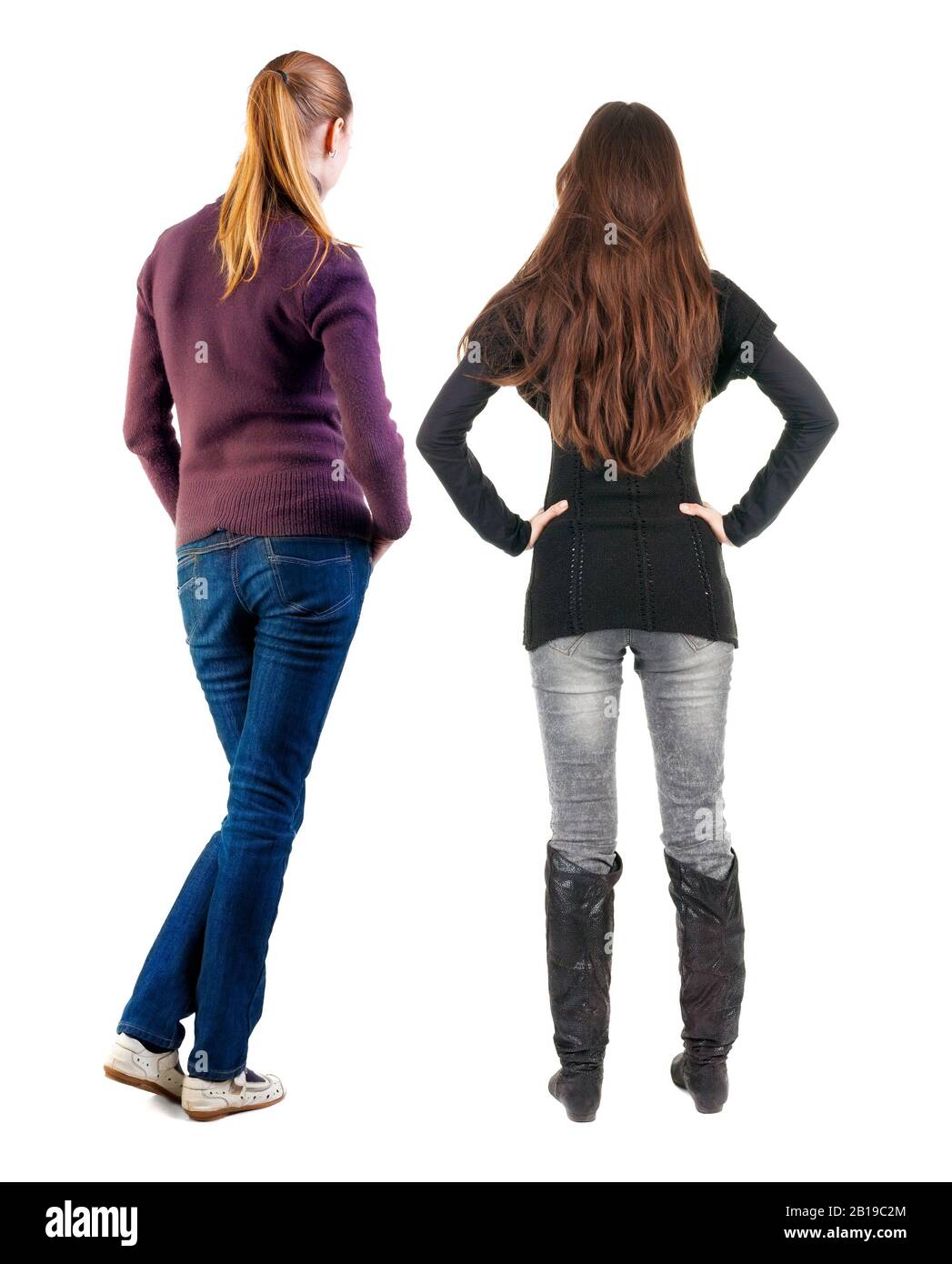 Back view of two woman in sweater. Rear view people collection ...