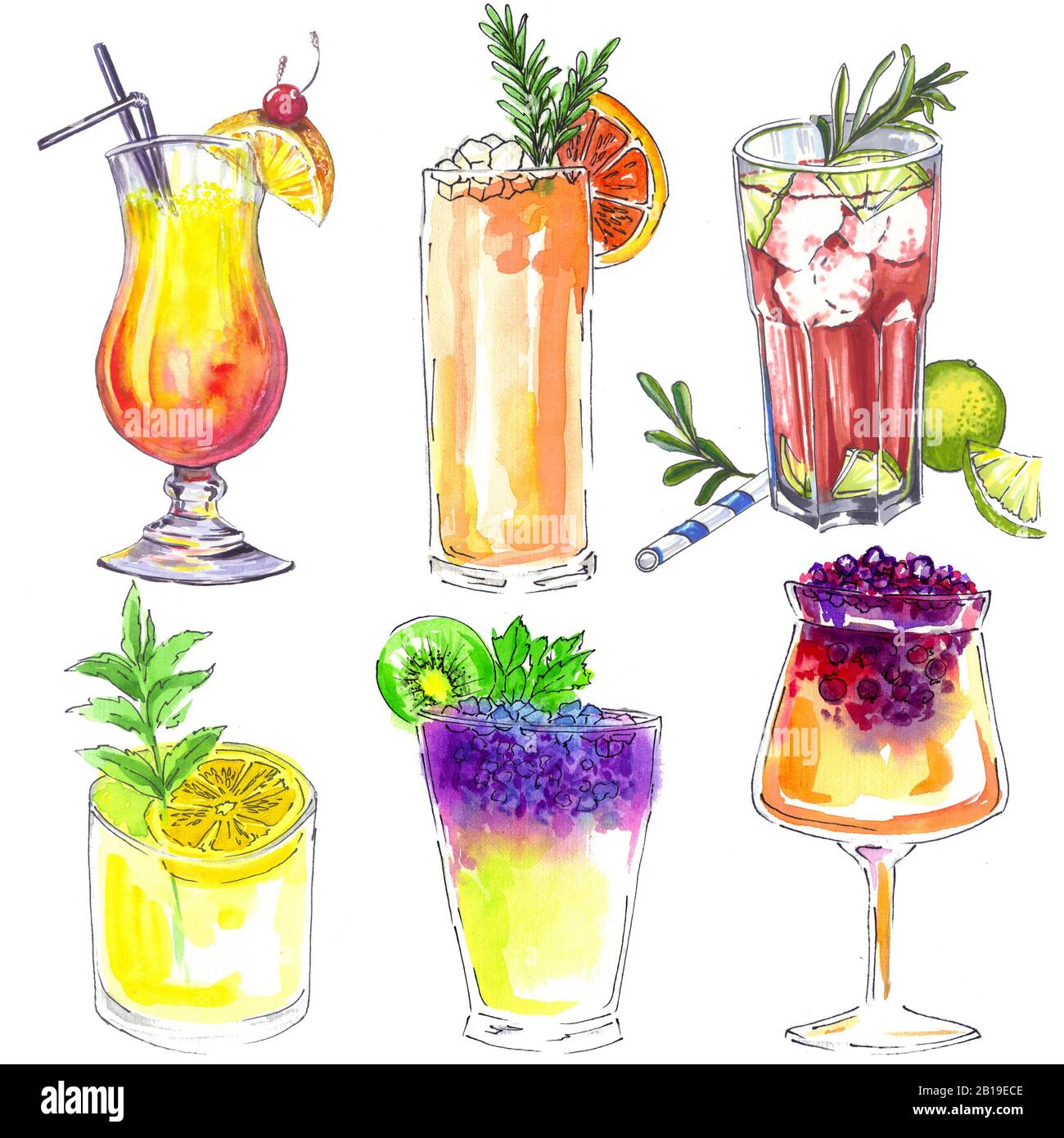 Set of diffrent watercolor cocktails, hand drawn Stock Photo - Alamy