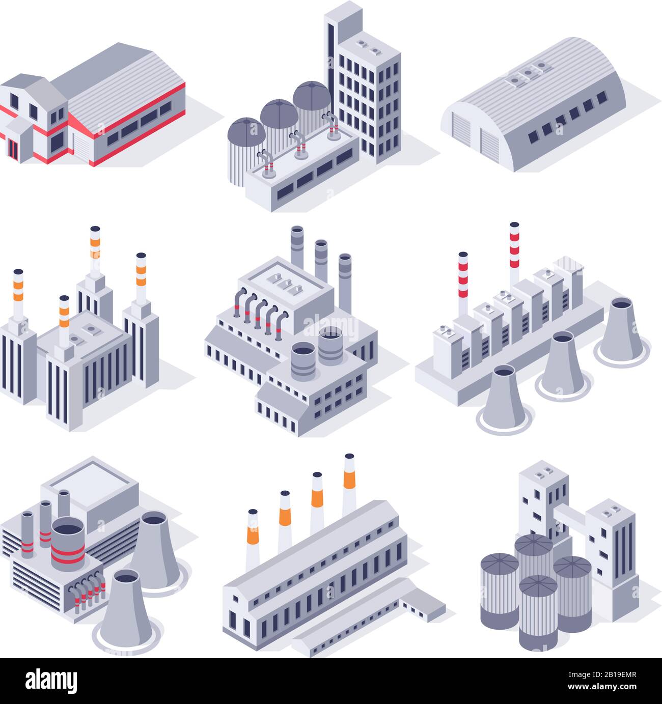 Isometric factory buildings. Industrial power plant building, factories ... Isometric factory buildings. Industrial power plant building, factories ...