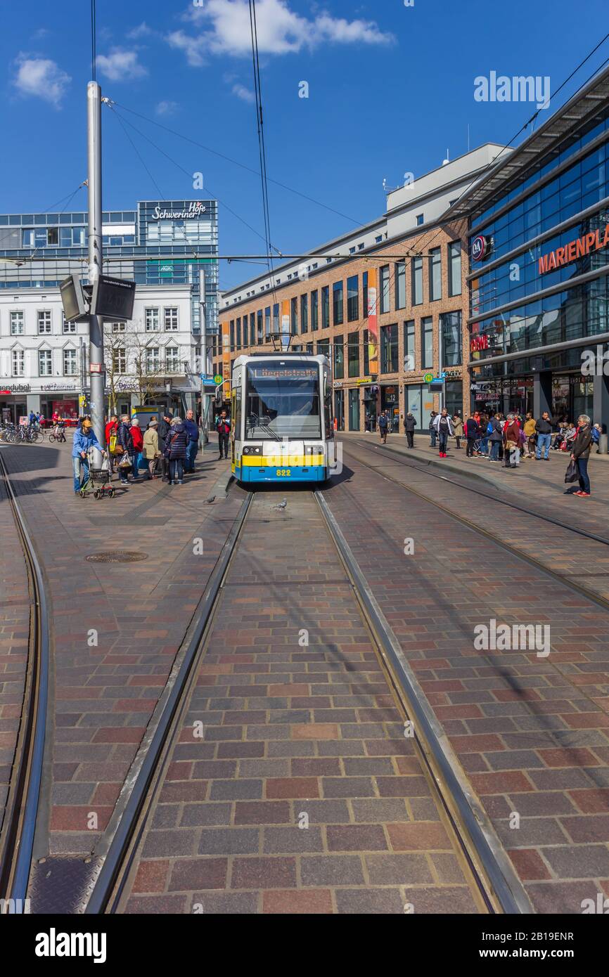 Tram and shopping mall on the Marienplatz square of Schwerin, Germany ...