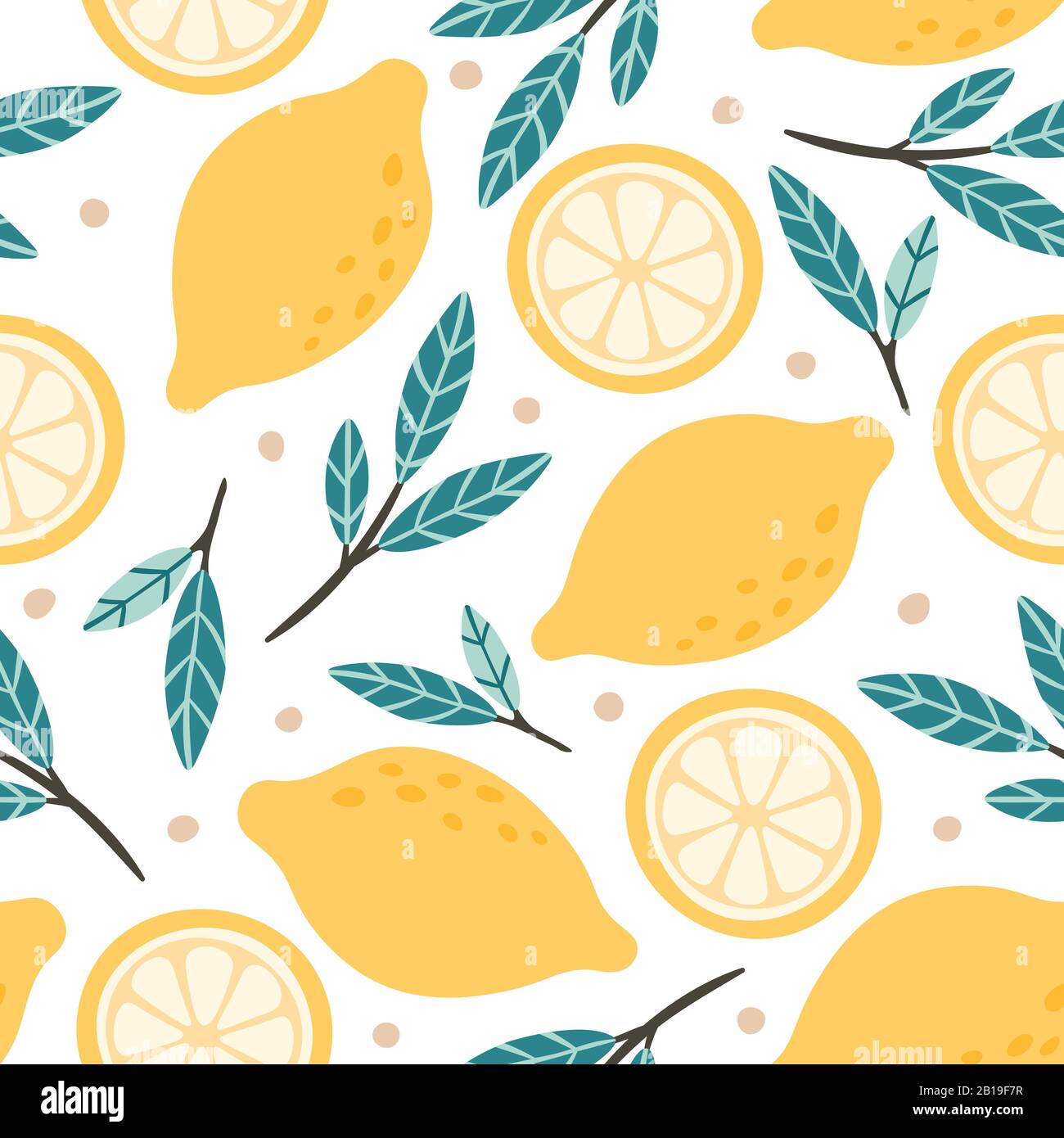 Seamless lemon pattern. Hand drawn doodle citrus mix, lemons slises and green leaves vector ...