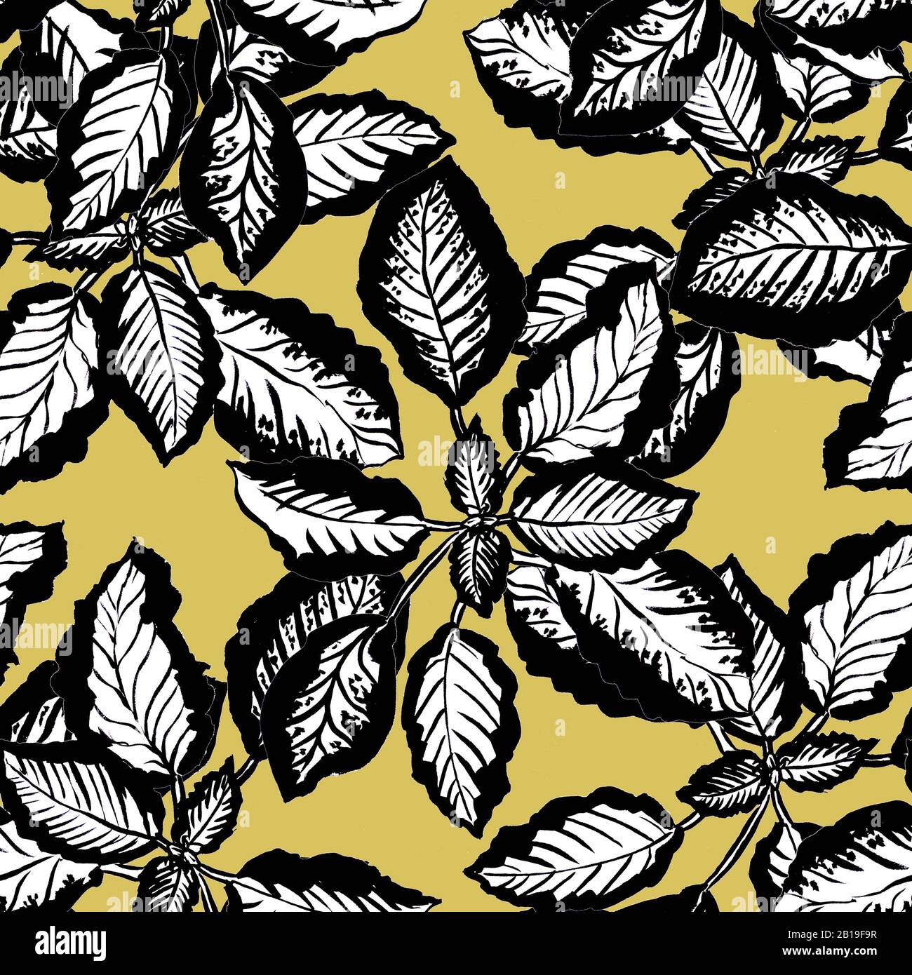 Pattern with leaves, ocher background. Fabric floral design Stock Photo ...