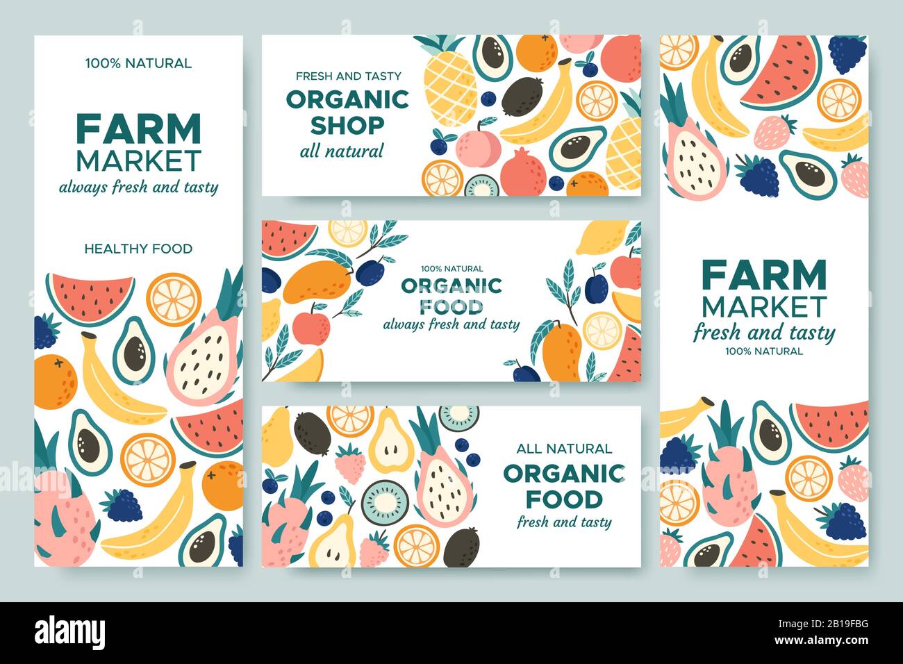 Fruit banner. Summer fruits, organic food menu and fresh pineapple ...