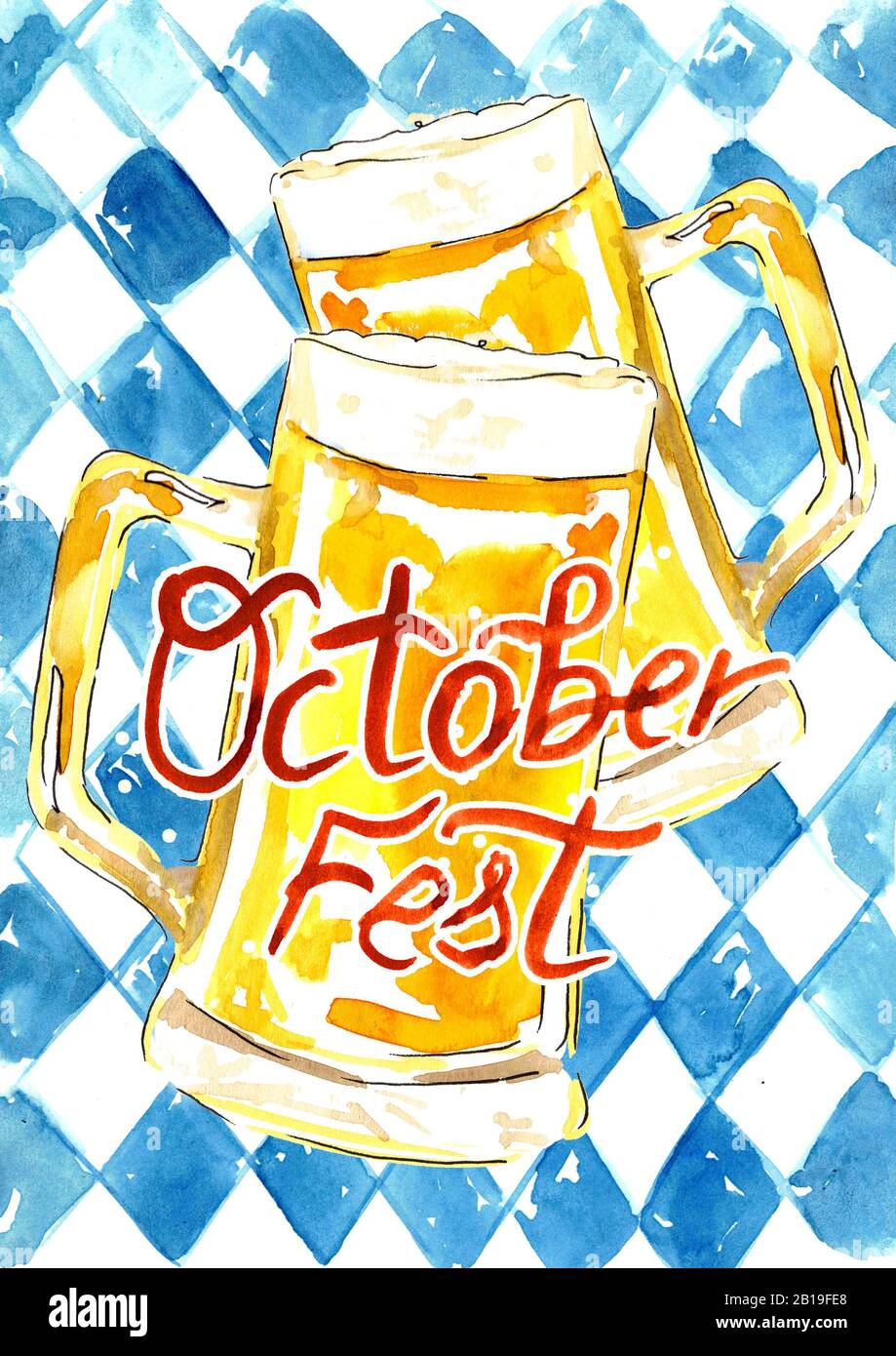 Poster for october fest, mugs with beer, drawn with watercolor Stock ...