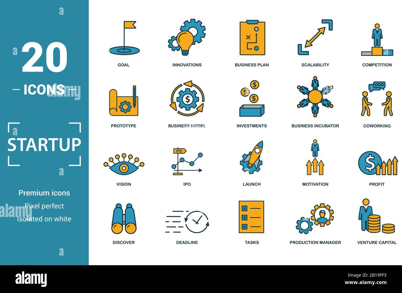 Startup icon set. Include creative elements goal, business plan ...