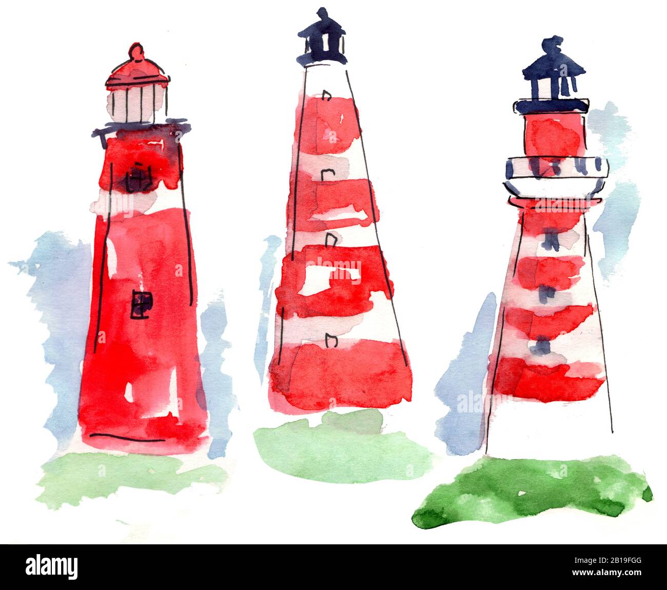 Red lighthouse drawn, diffrent style, watercolor graphic sketch Stock ...