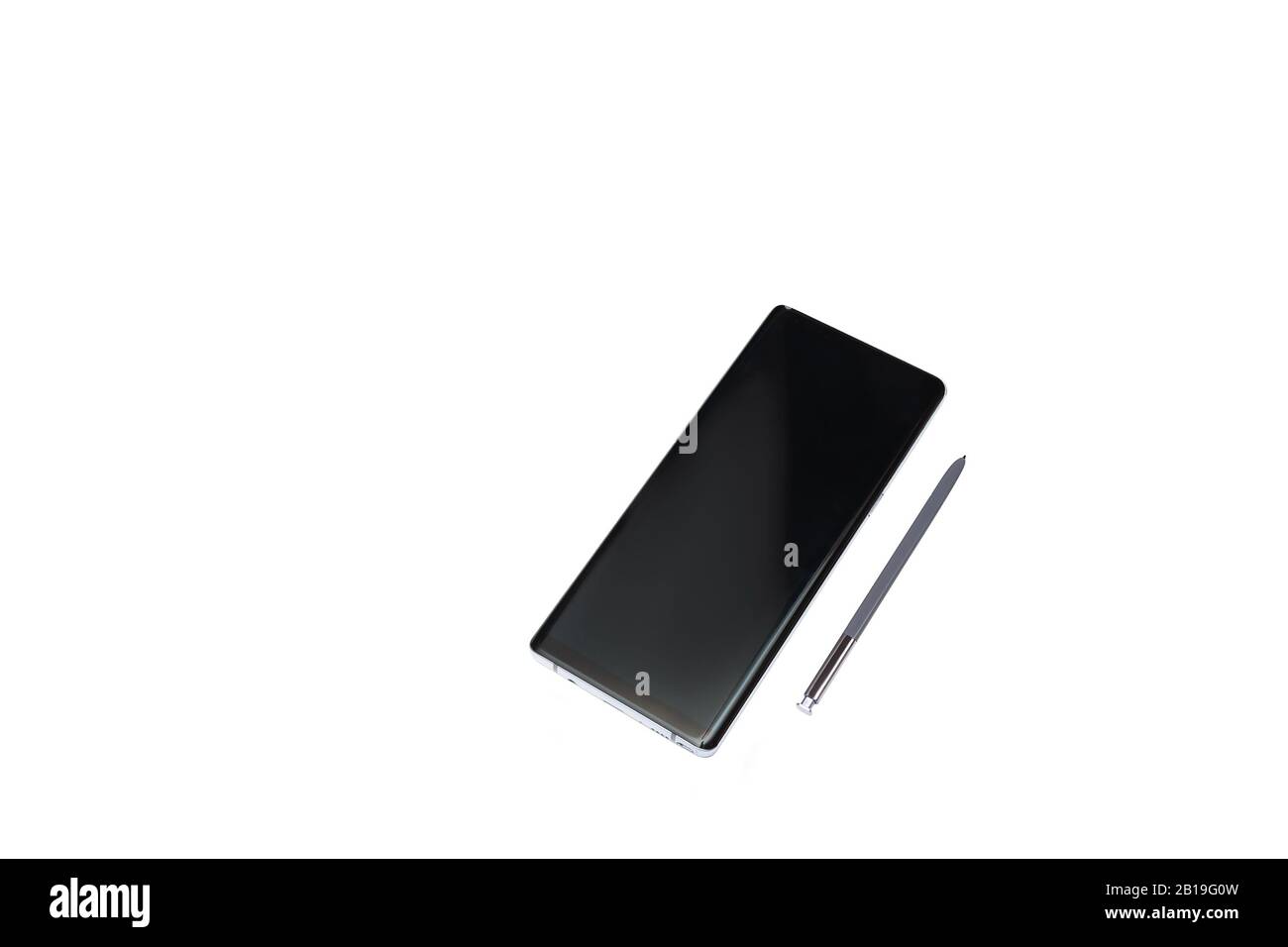 Mobile phone with stylus on white background Stock Photo - Alamy