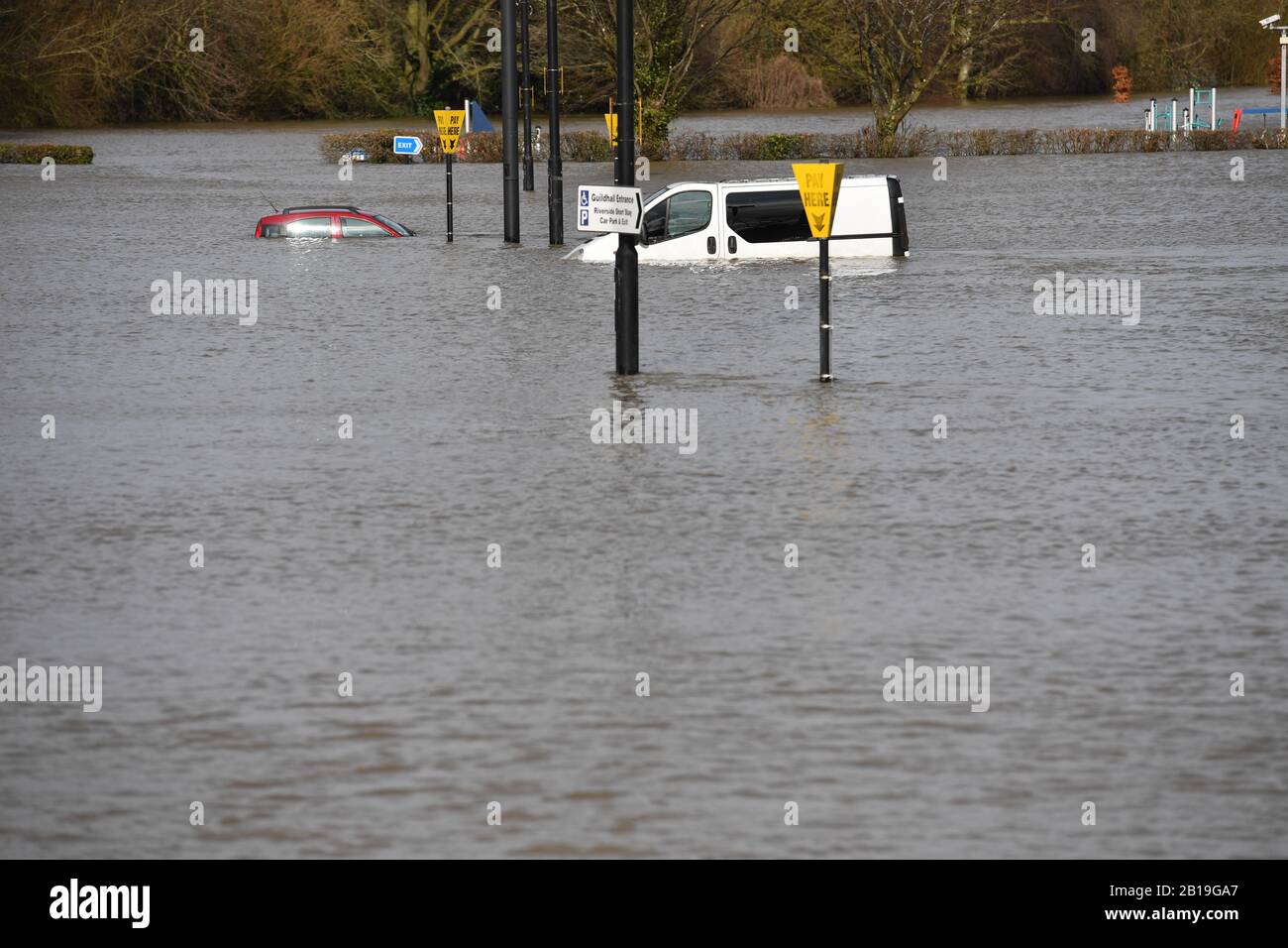 Vehicles caught in flood water in the Frankwell Car Park, as warnings ...