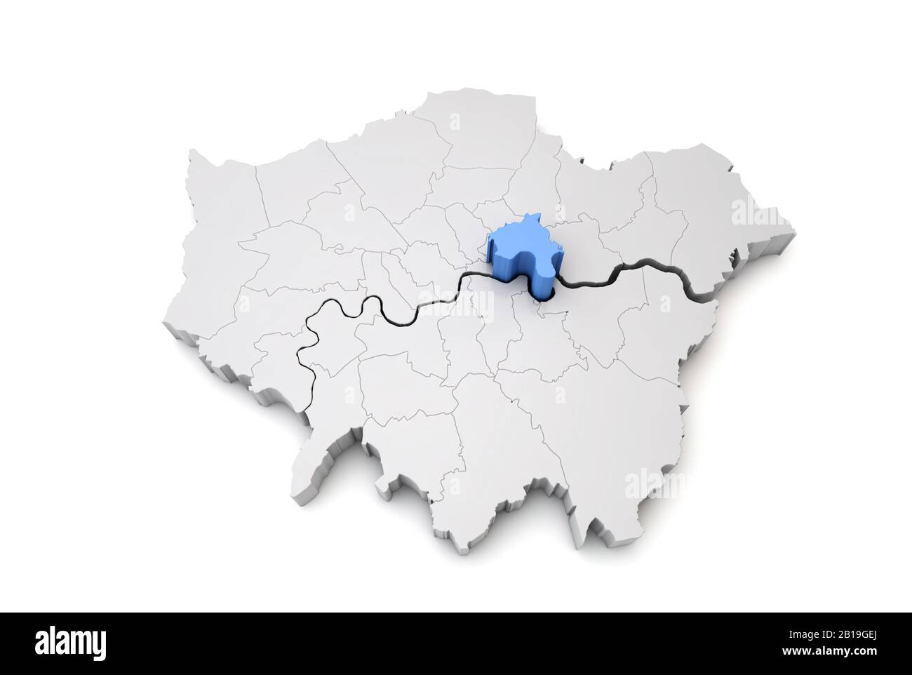Greater London map showing Tower Hamlets borough in blue. 3D Rendering ...