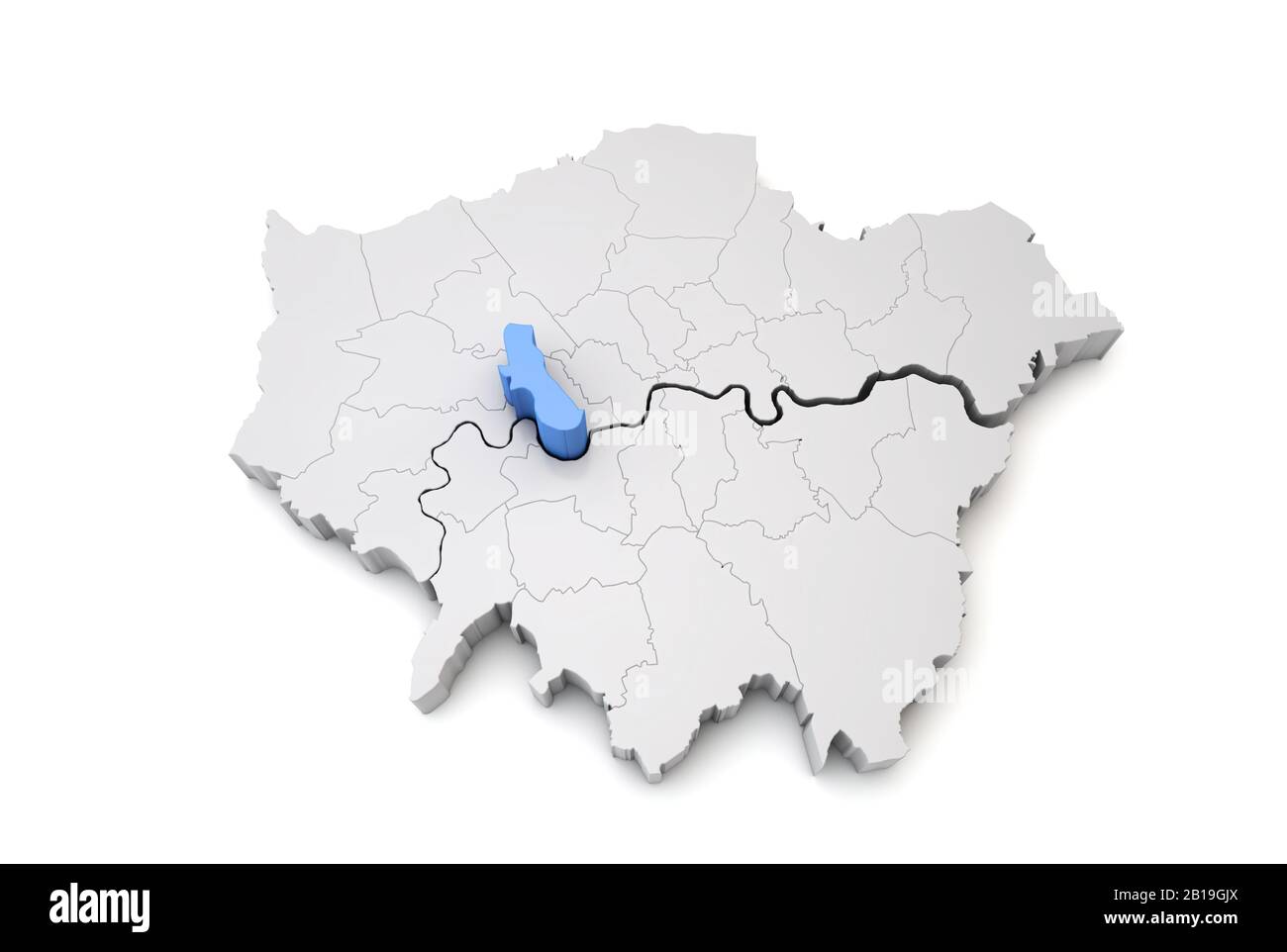 Greater London map showing Hammersmith and Fulham borough in blue. 3D ...