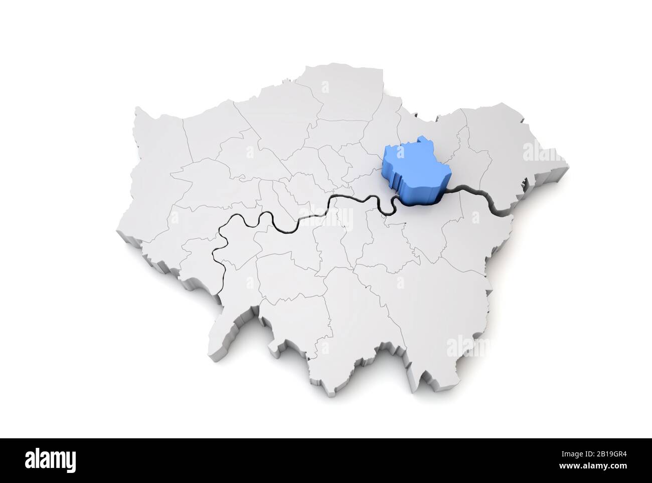 Greater London map showing Newham borough in blue. 3D Rendering Stock ...