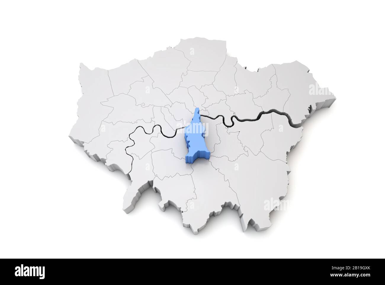 Greater London map showing Lambeth borough in blue. 3D Rendering Stock ...