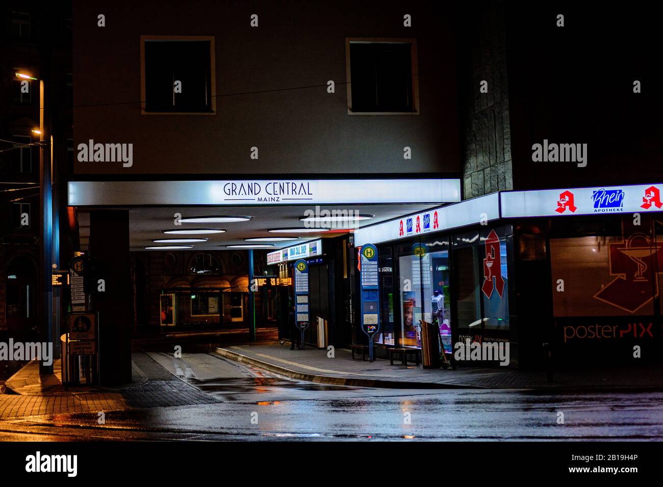 Mainz, Germany - January 28, 2020: Night streets near the Main Station ...