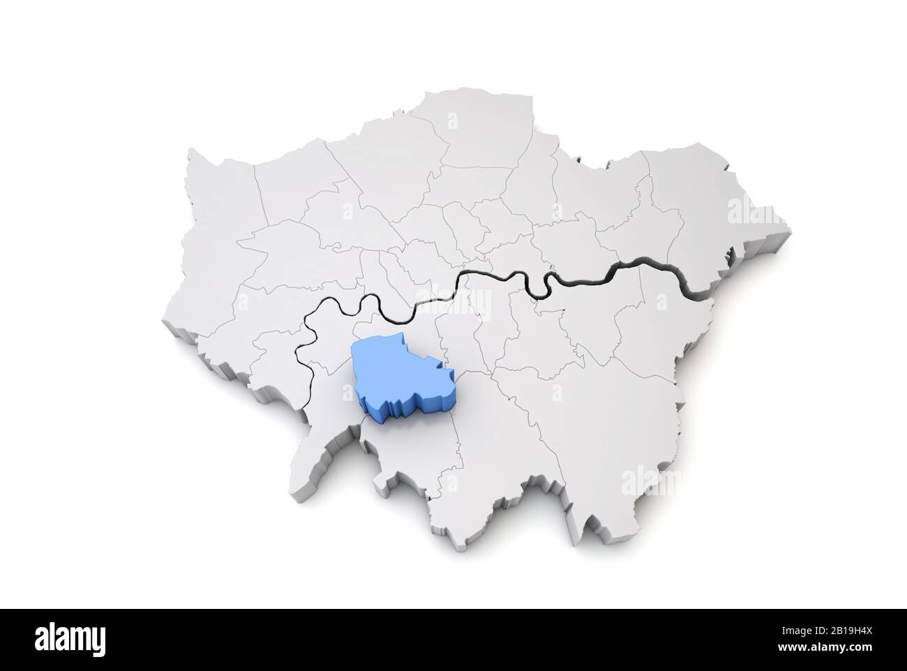 Greater London map showing Merton borough in blue. 3D Rendering Stock ...