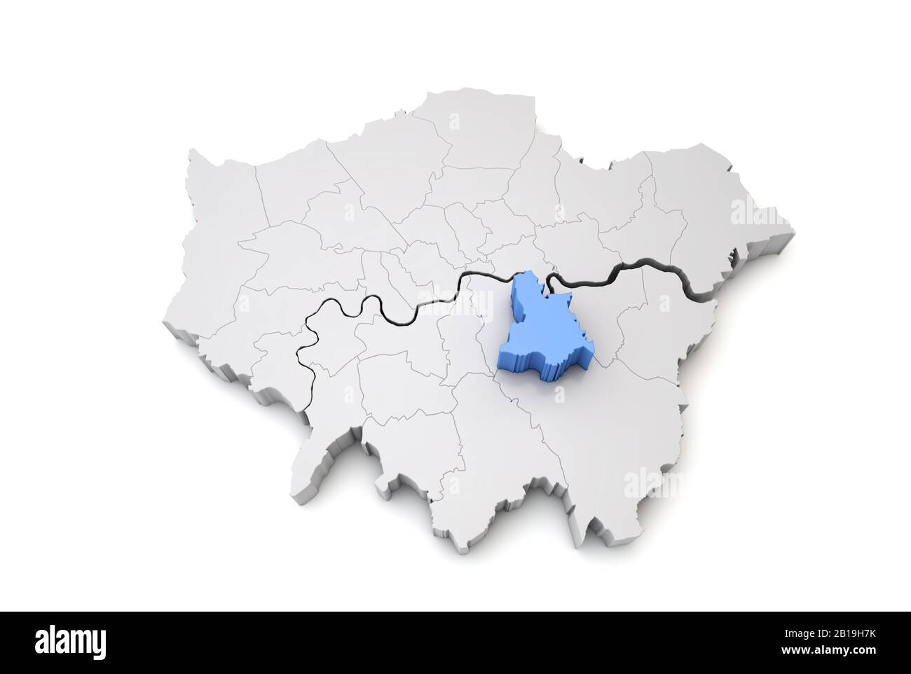 Greater London map showing Lewisham borough in blue. 3D Rendering Stock ...
