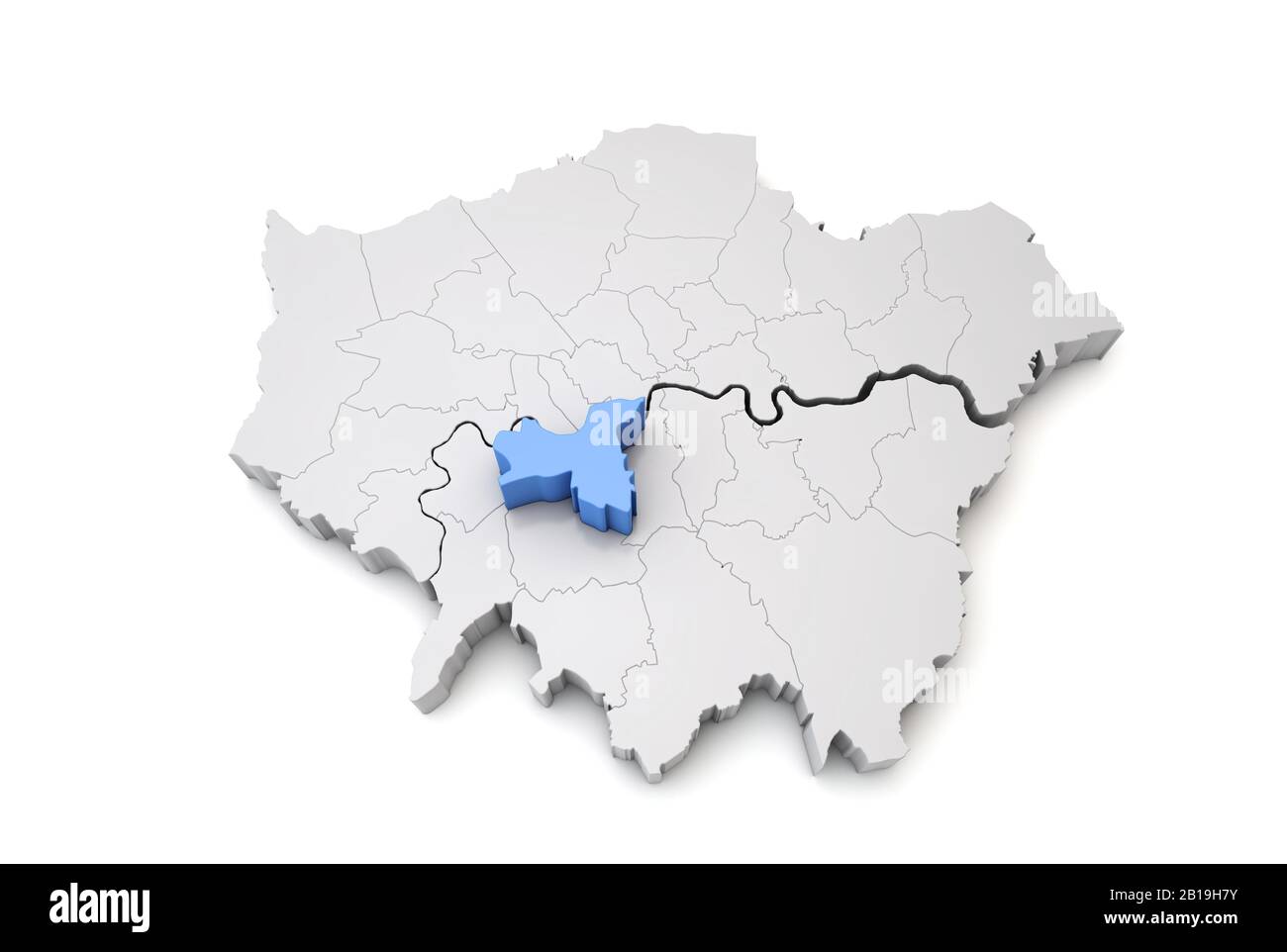 Greater London map showing Wandsworth borough in blue. 3D Rendering ...