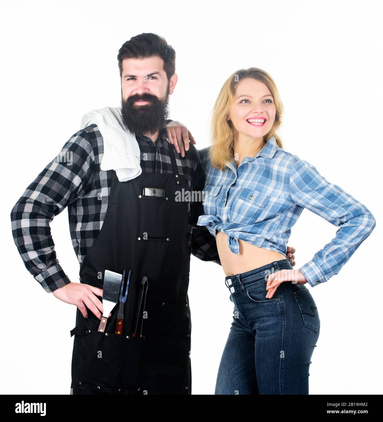 Picnic and barbecue. Man bearded hipster and girl ready for barbecue ...