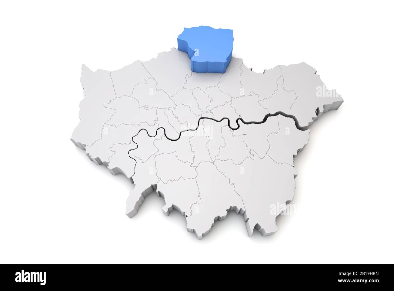 Greater London map showing Enfield borough in blue. 3D Rendering Stock ...