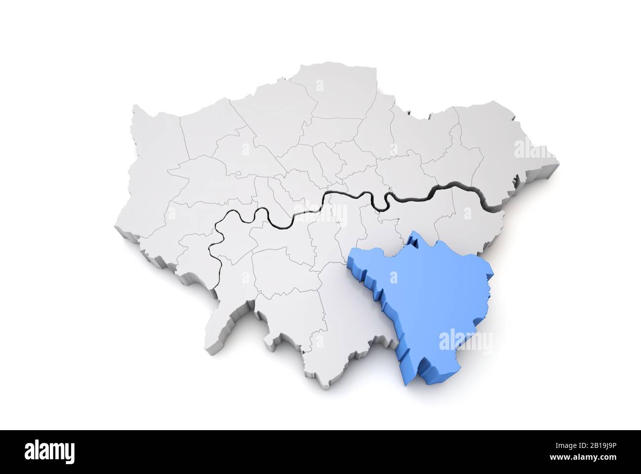 Greater London map showing Bromley borough in blue. 3D Rendering Stock ...