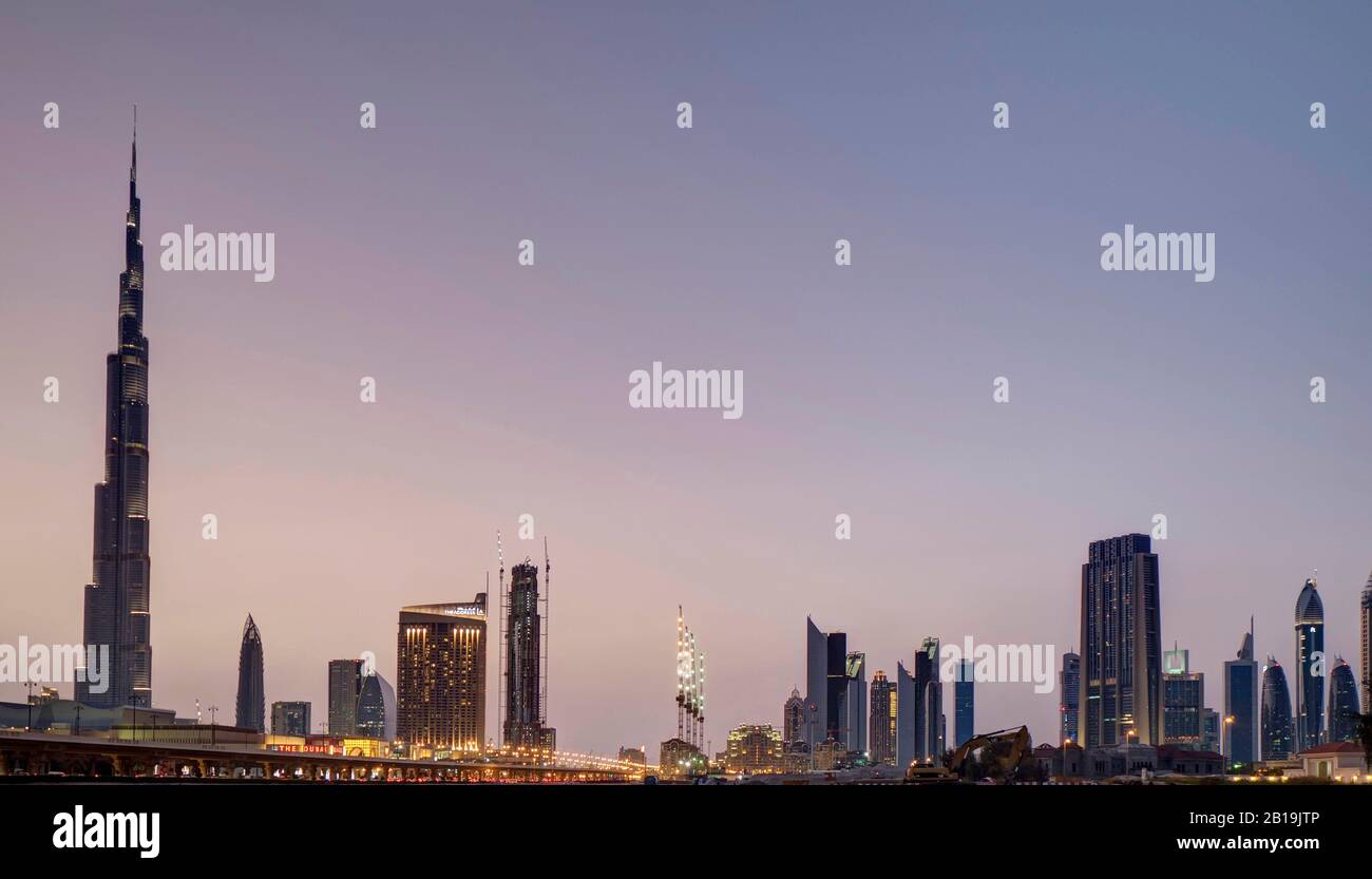 Skyline of skyscrapers and Burj Khalifa tower, Dubai, United Arab ...