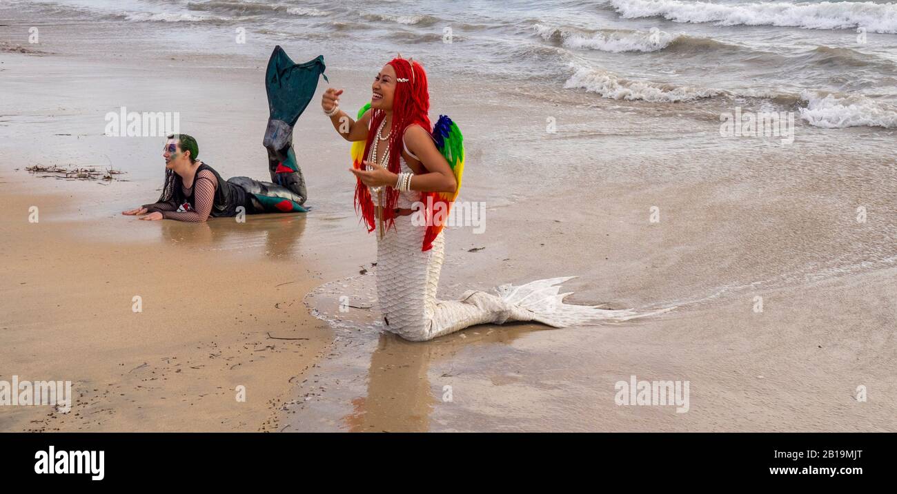 Two woman cosplay costume dressed as mermaids posing on the sand at ...