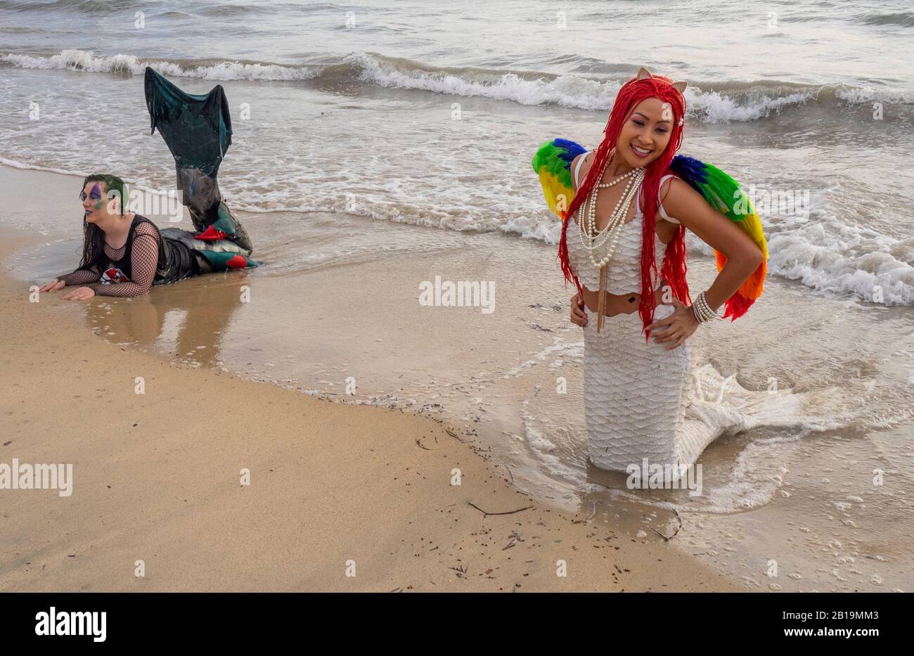 Two woman cosplay costume dressed as mermaids posing on the sand at ...