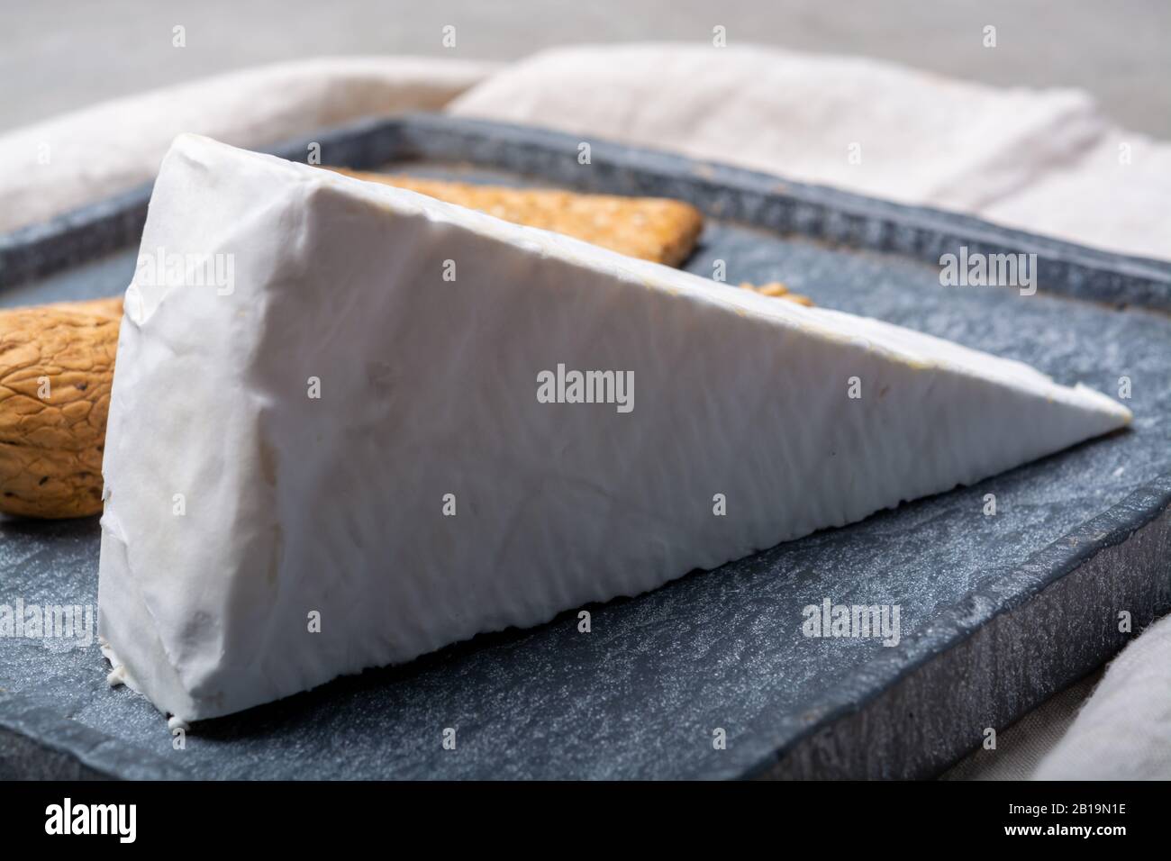 Cheese collection, piece of French brie cheese with white mold close up ...