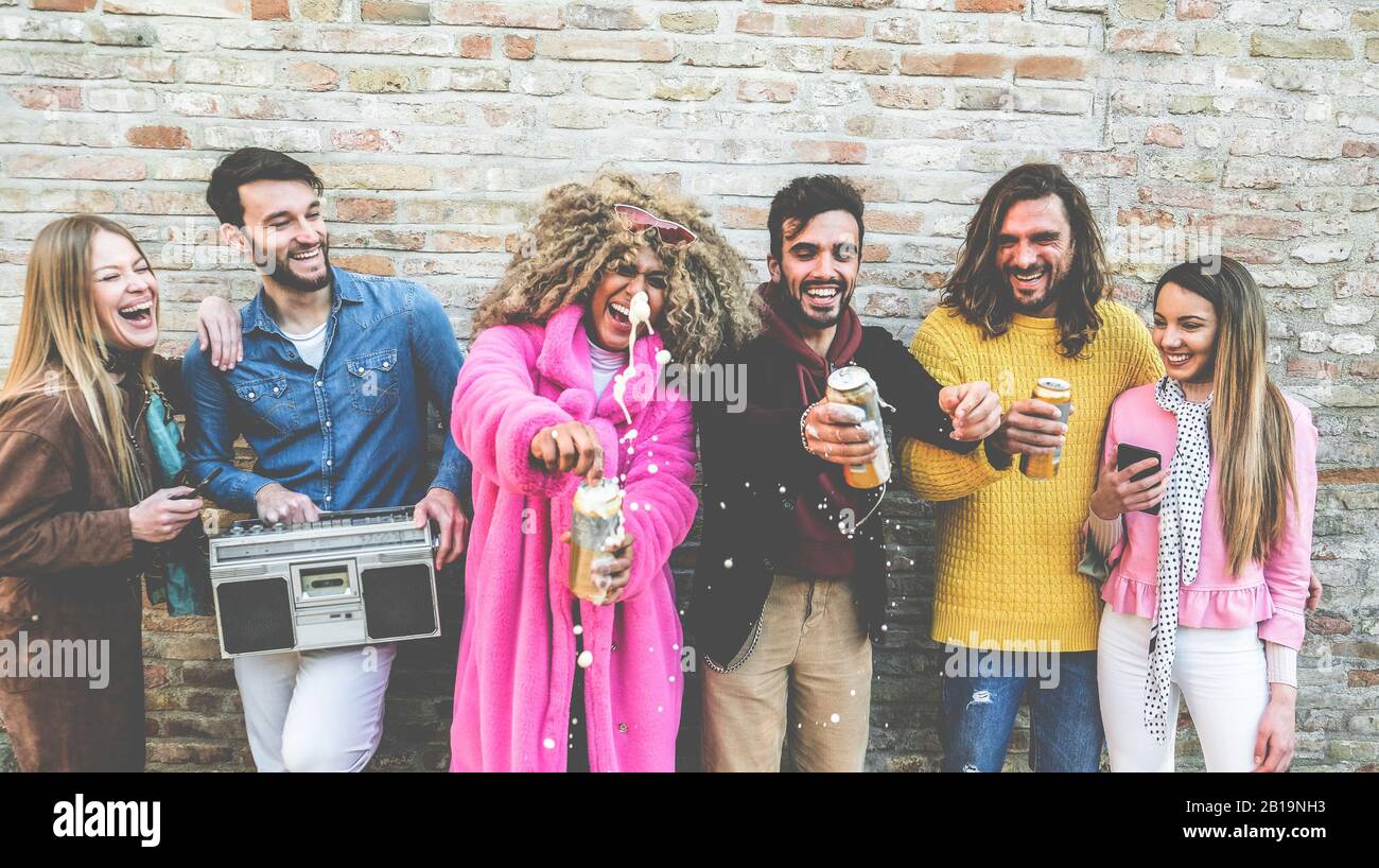 Trendy happy friends making party outdoor - Young people having fun ...
