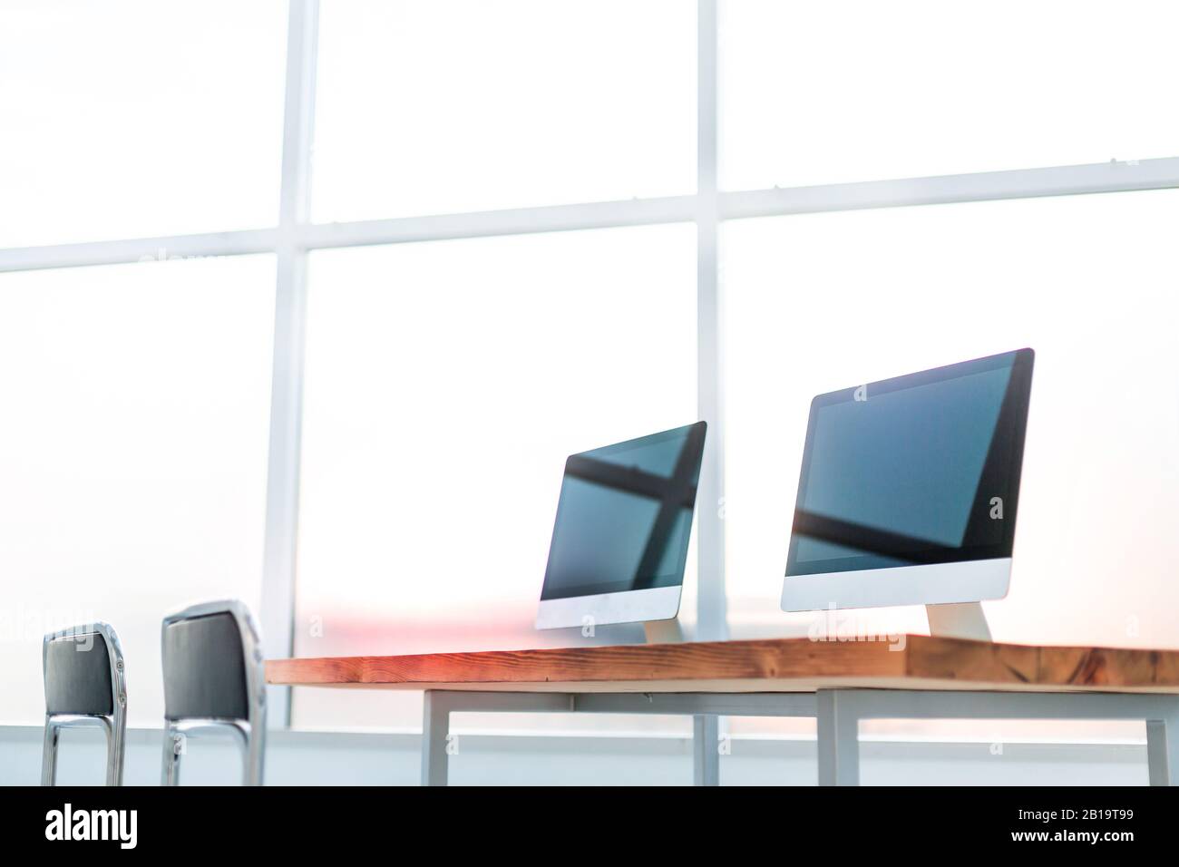 close up. computer Desk for clients in the lobby of the Bank Stock ...