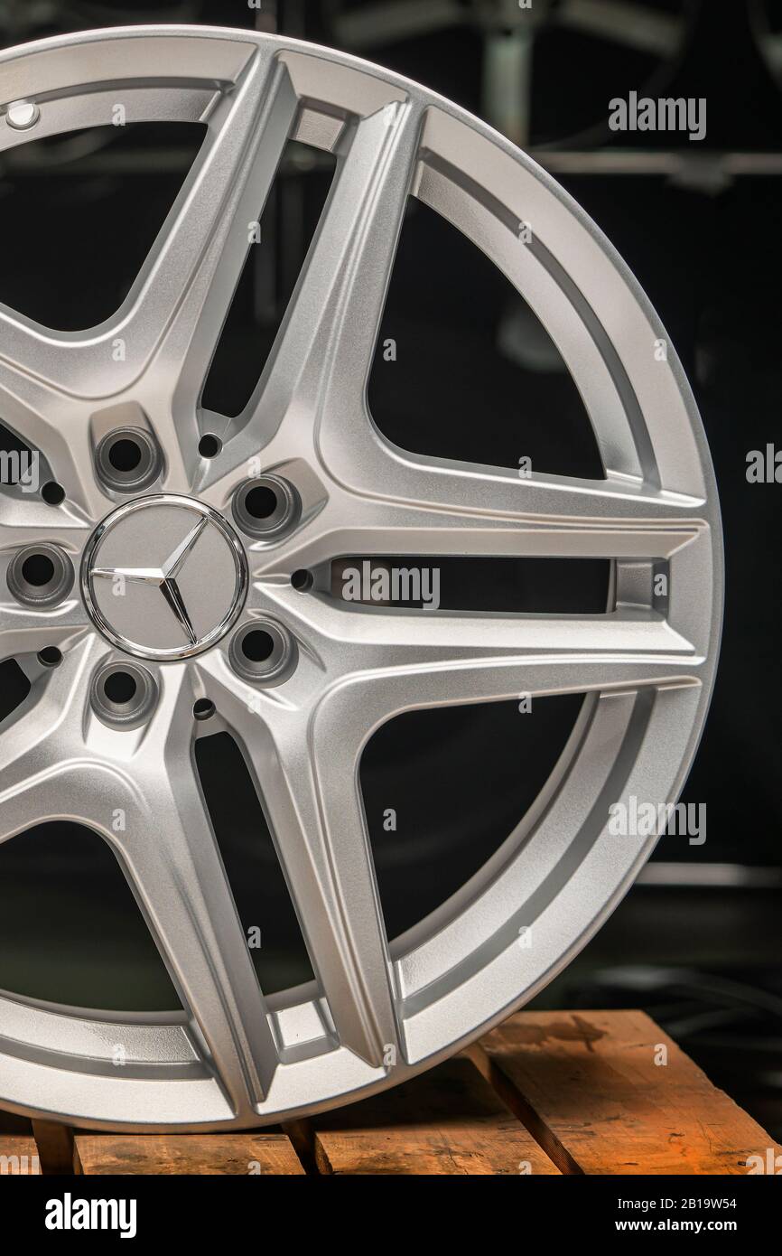 Mercedes Benz logo aluminum cast wheel, close-up, original silver wheel ...