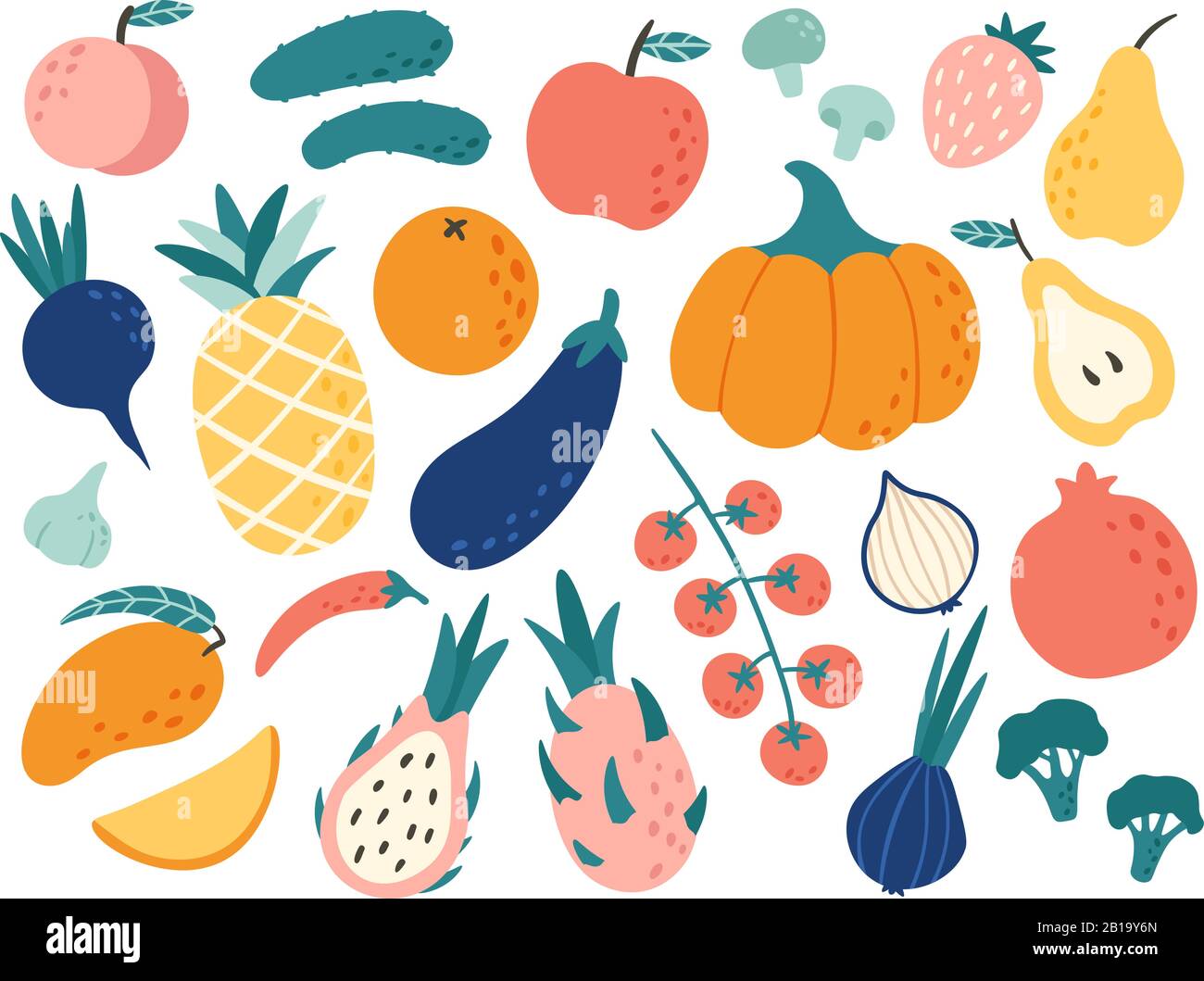 Hand drawn fruits and vegetables. Doodle organic food, vegan vegetable ...